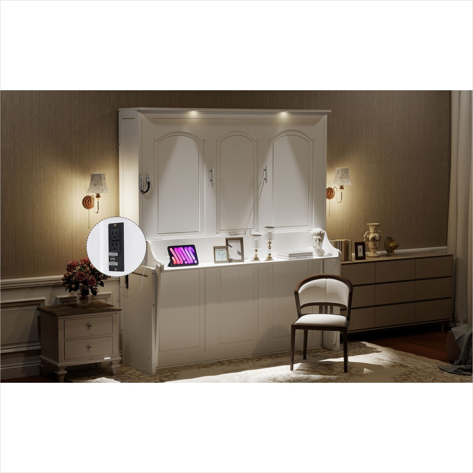 Watnature Queen Murphy Bed with Fold-Out Desk LED USB Clean White MDF ...