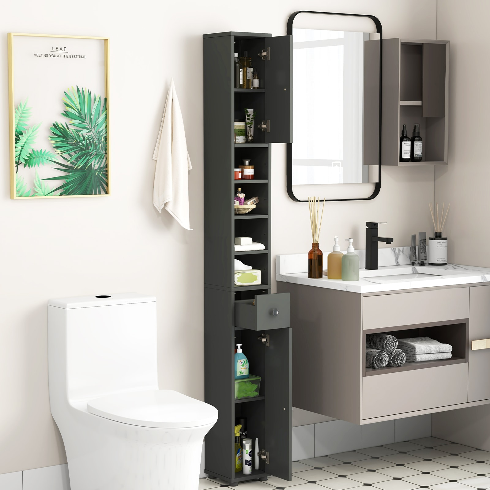 Fenbeli Tall Narrow Bathroom Storage Cabinet with Adjustable Shelves ...