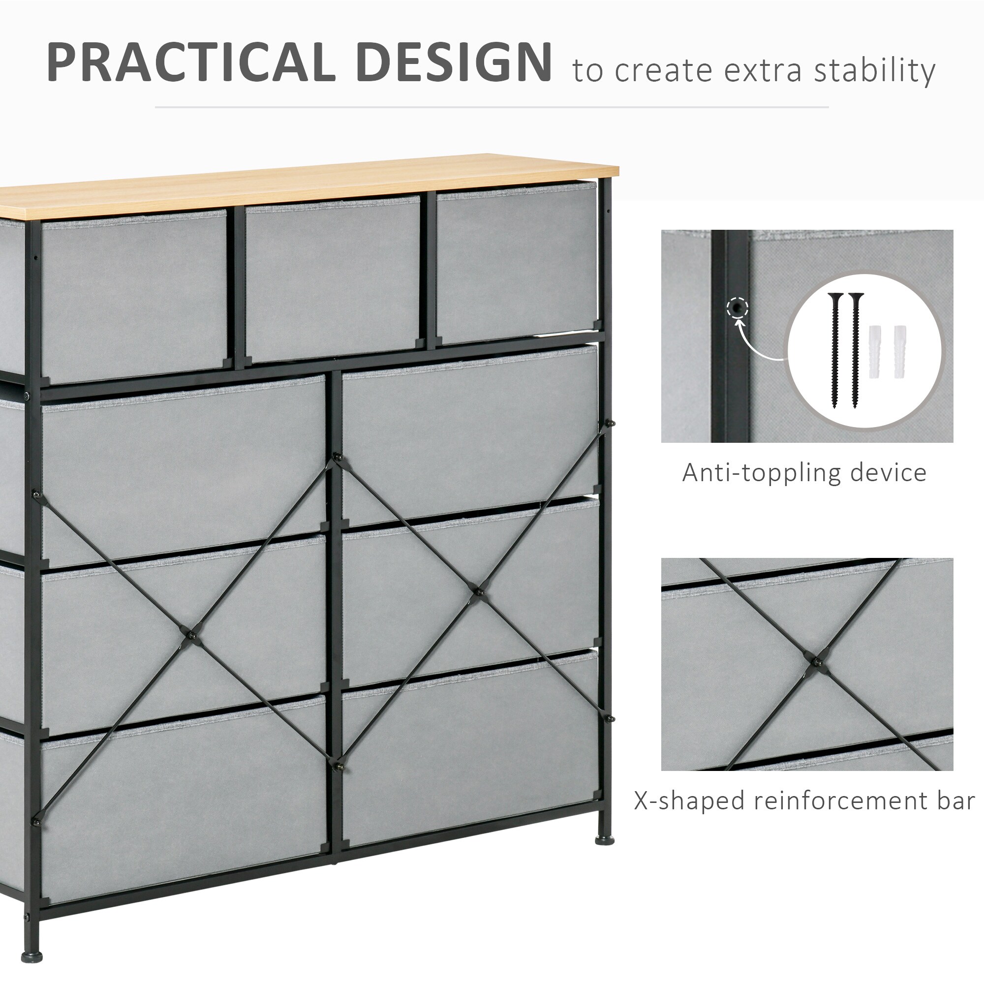 HomCom 9 Drawers Storage Chest Dresser Organizer Unit w/ Steel Frame ...