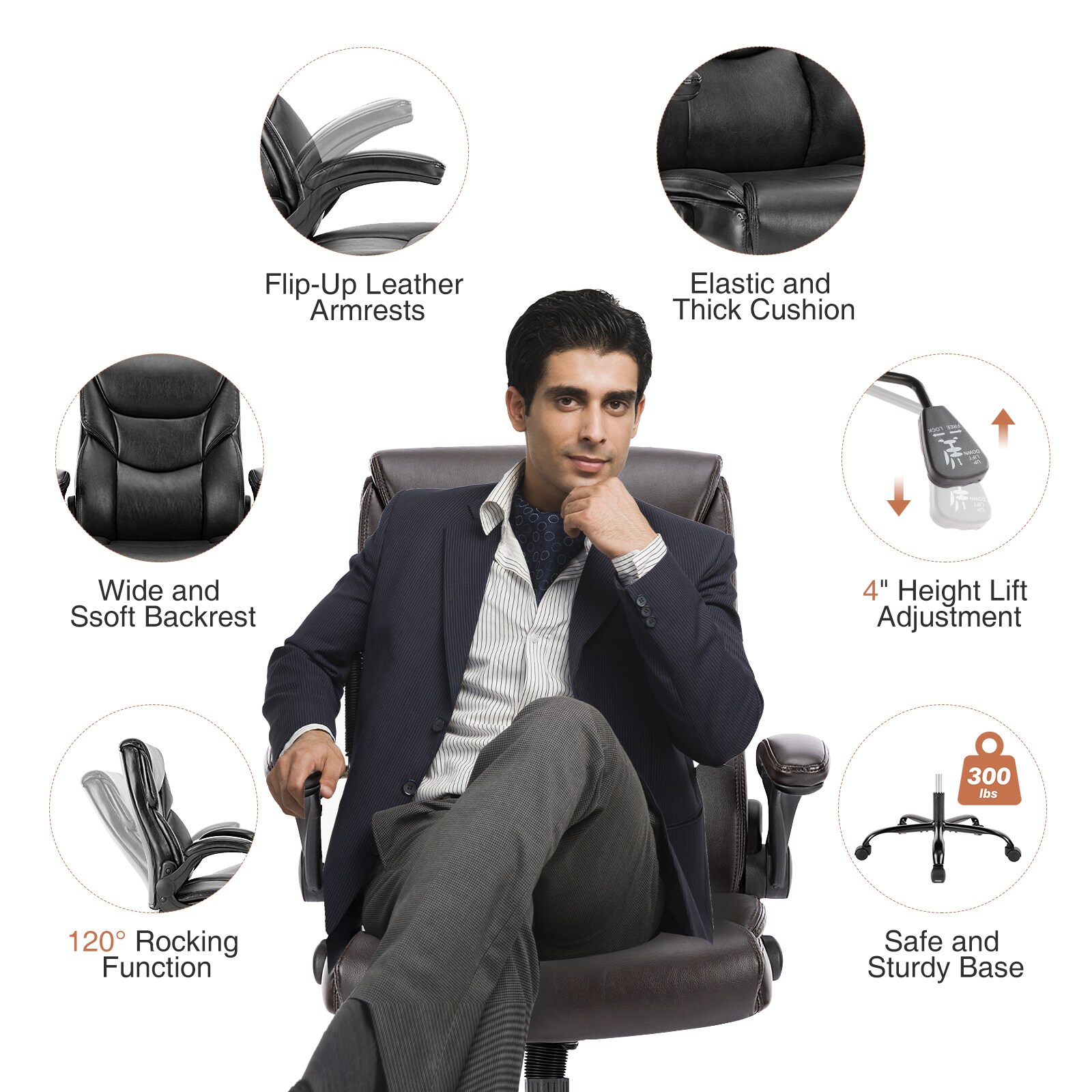 OOU PU Leather Office Chair with Adjustable Flip-up Armrest Lumbar ...