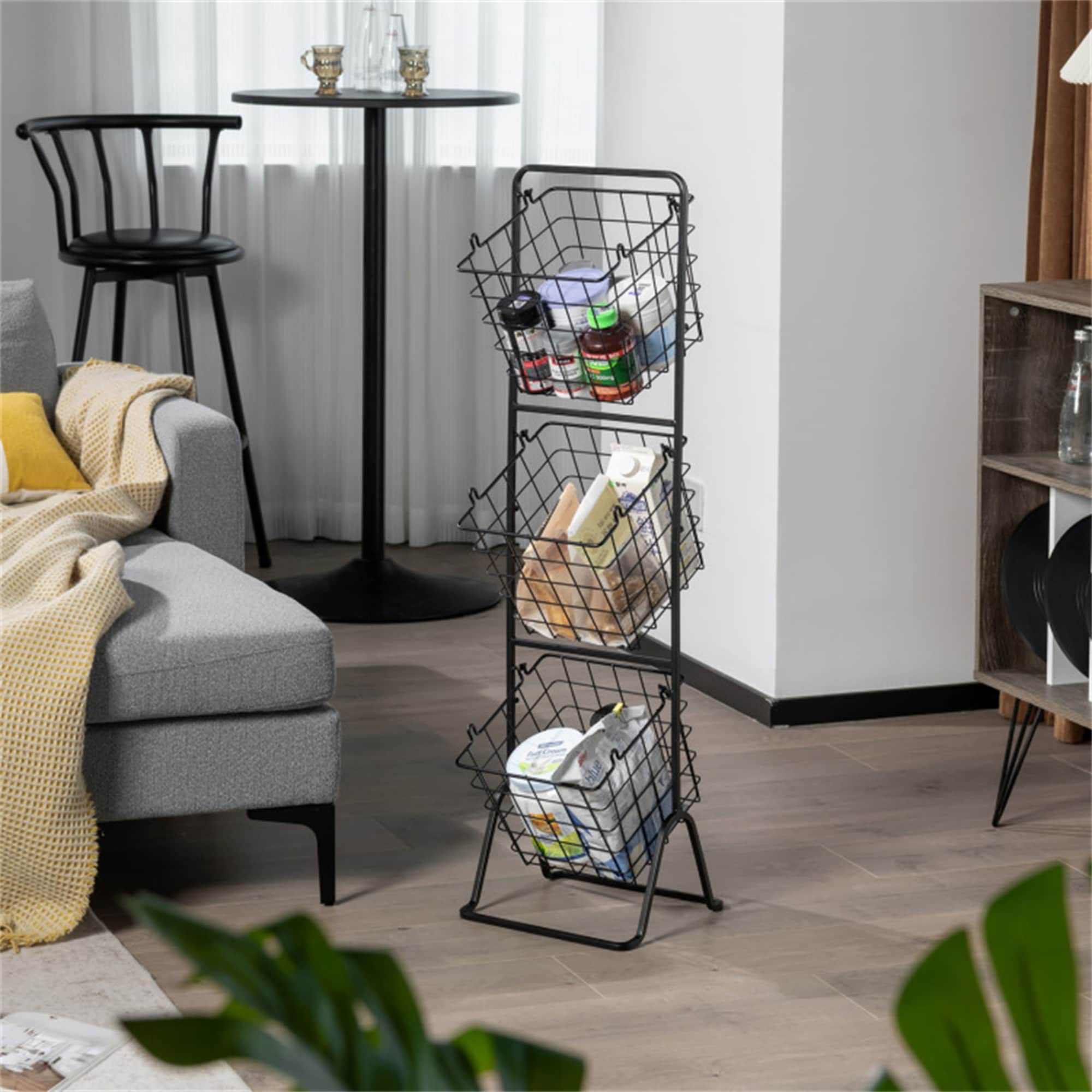 Numhew 11in W x42.5in H 3-Tier Removable Wire Black Fruit Basket Stand ...