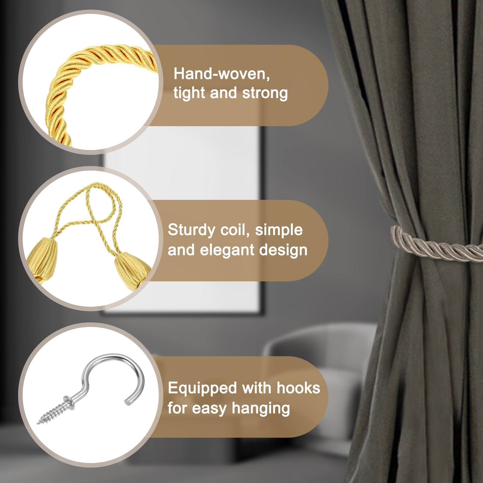 Unique Bargains 2pcs Curtain Tiebacks 74cm/29inch Braided Drapery ...