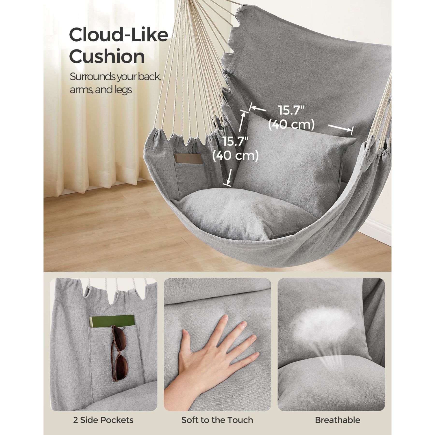 Slickblue Hammock Chair with Cushions - Dove Gray Bohemian Hanging ...