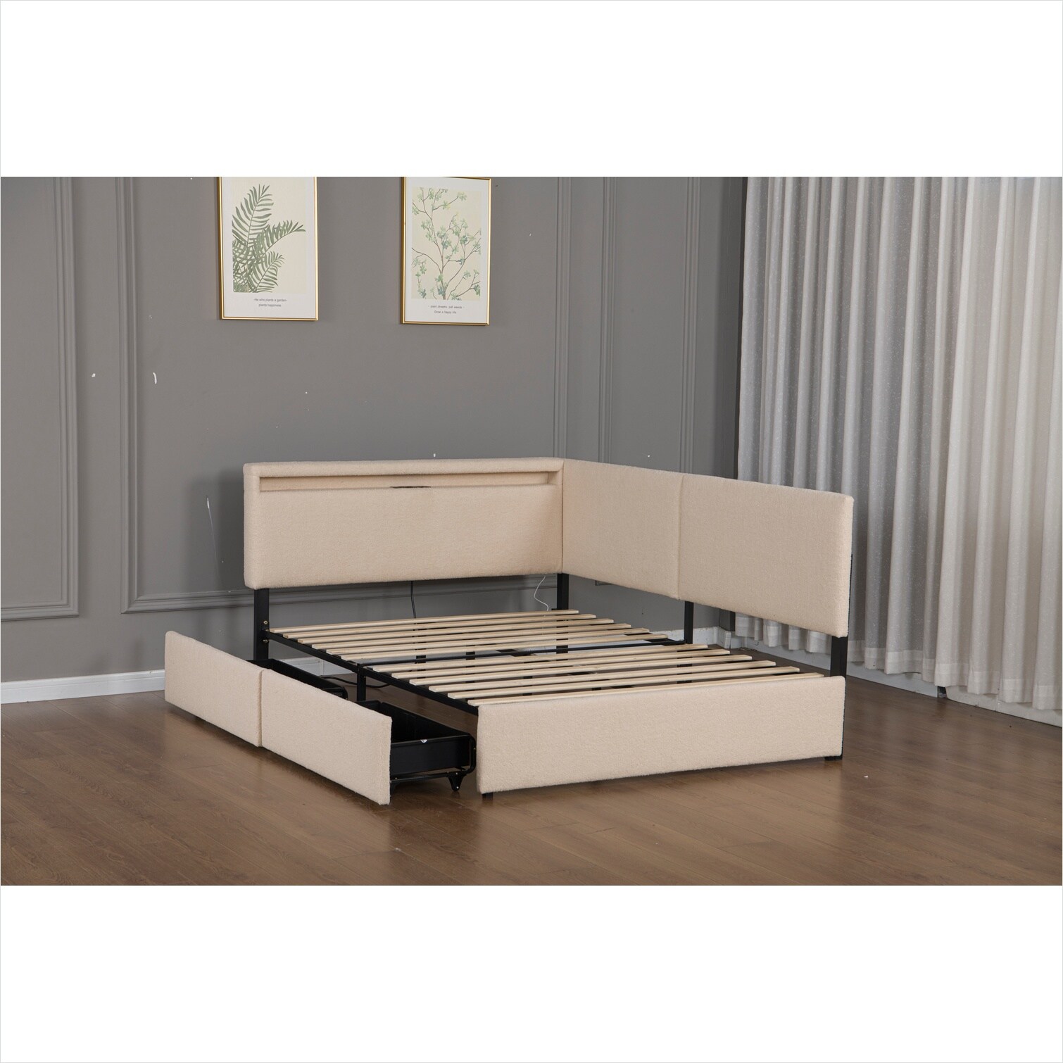 Naturefalls Warm Beige Boucle Upholstered Twin Bed Frame with Storage ...