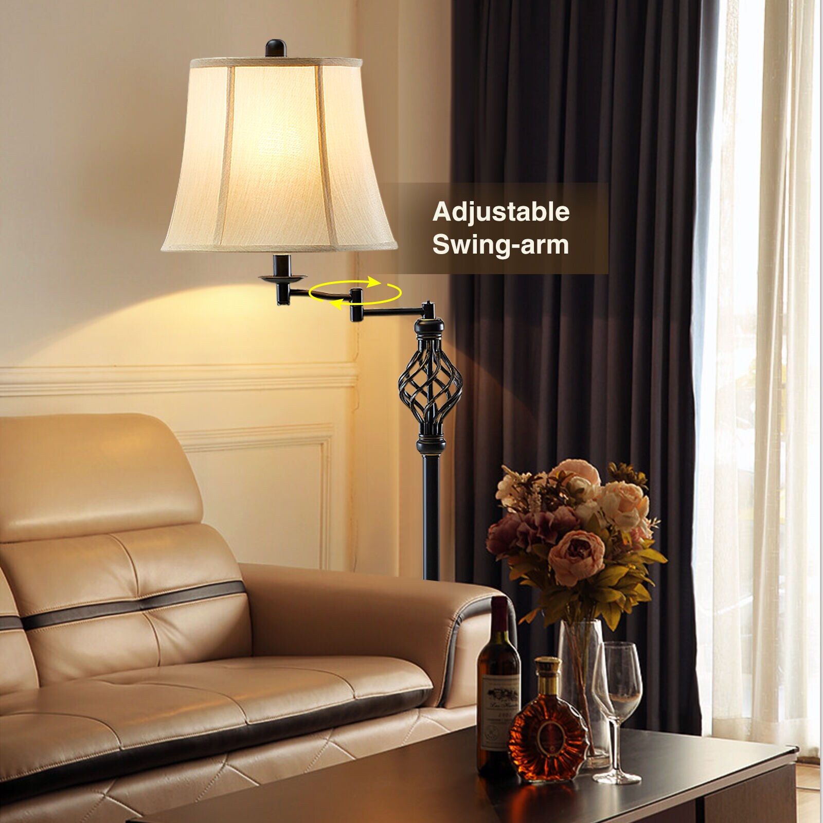 NatySwan Adjustable Swing Arm Lamp 64.17-in Black Shaded floor lamp ...