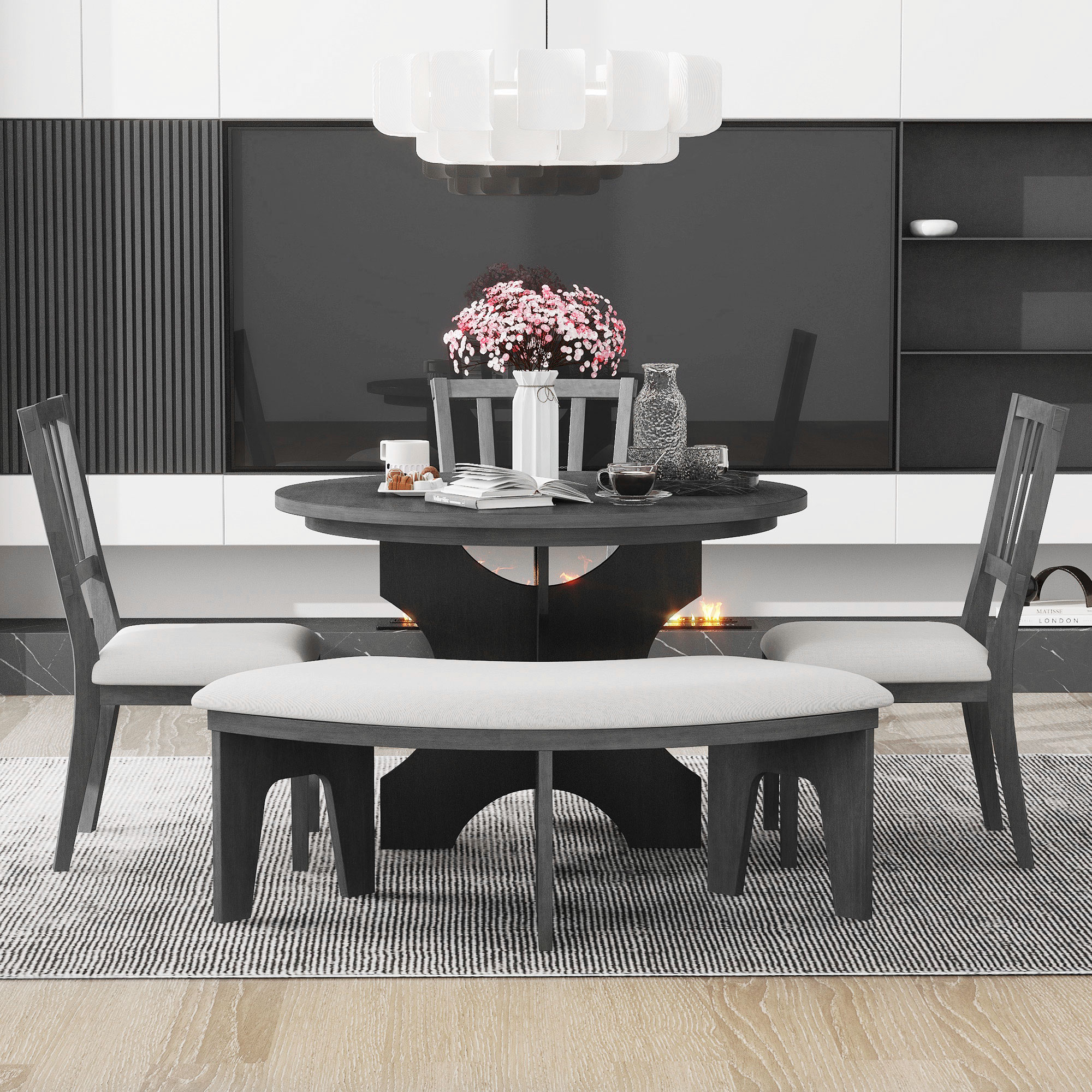 Qualler Beige and Grey Contemporary/Modern Dining Room Set with Round ...