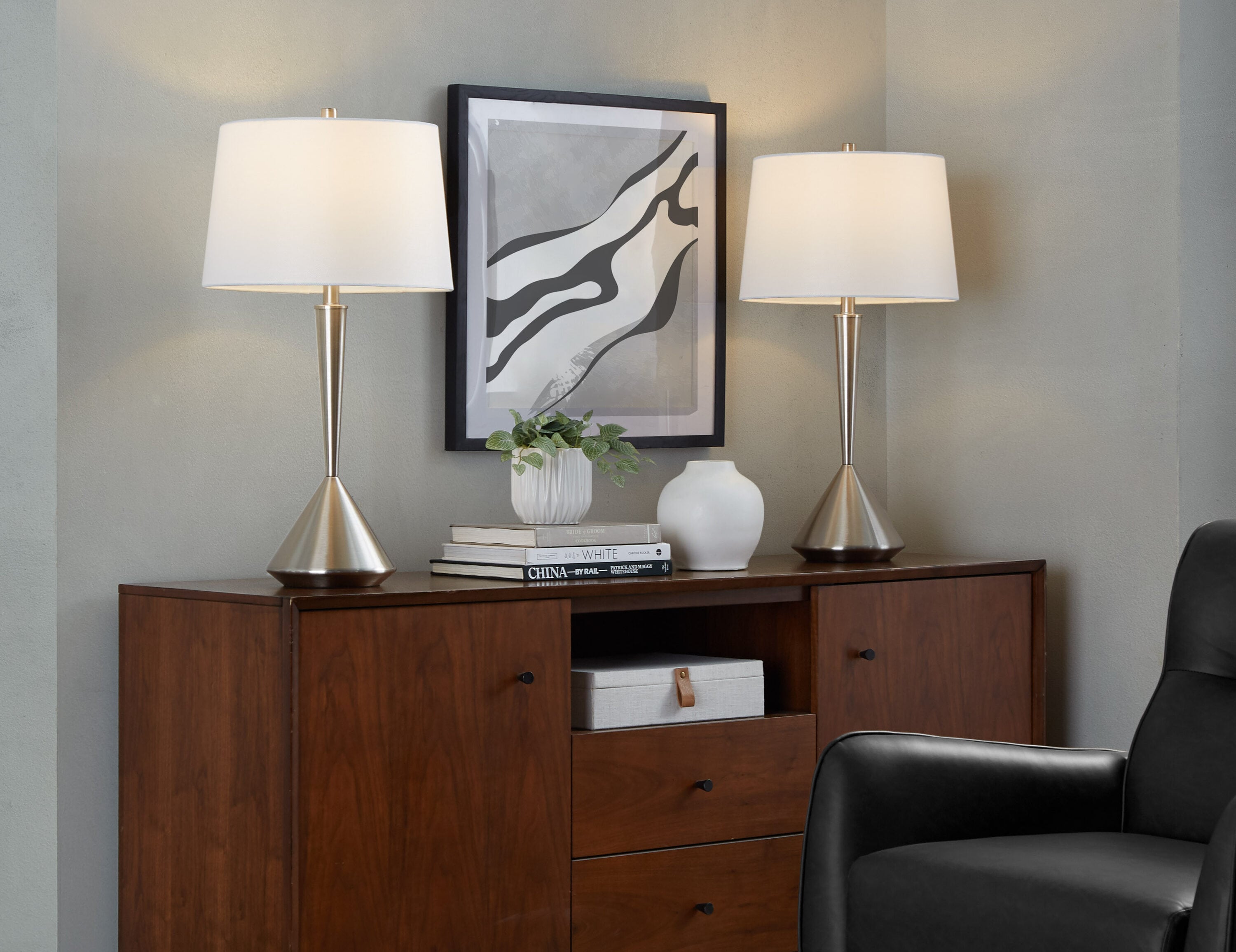 JUSHUA Metal Table Lamp in Brushed Nickel with White Linen Shade - Set ...