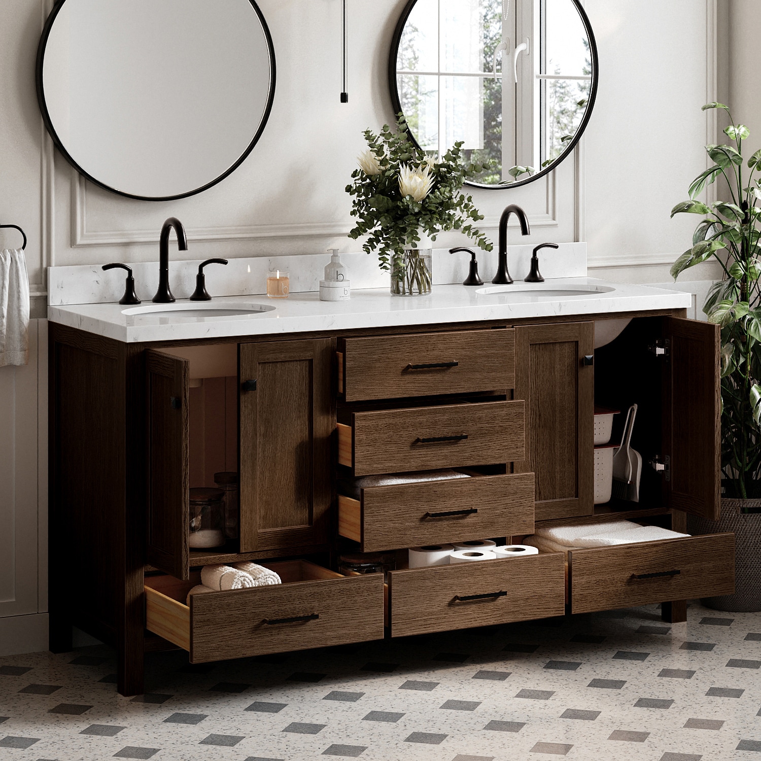 ARIEL Cambridge 66-in Brown Oak Undermount Double Sink Bathroom Vanity ...