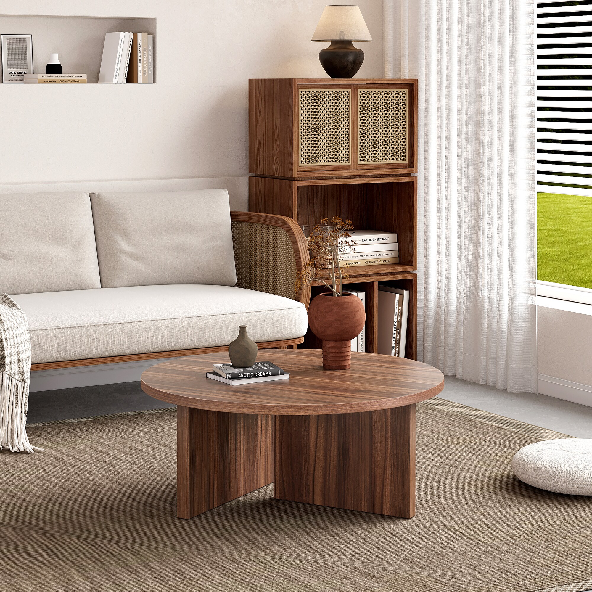 LUXEYARD Versatile Walnut Finished MDF Round Coffee Table for Diverse ...