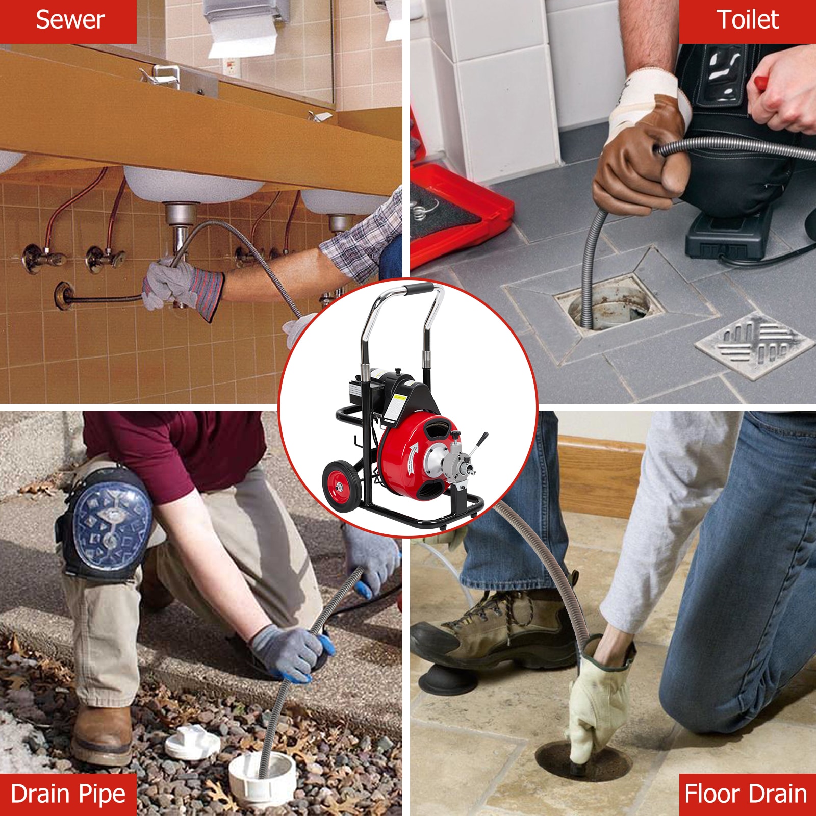 Garvee 75FT 1/2 Inch Electric Drain Auger 4 Cutters Foot Switch for 1 4 ...