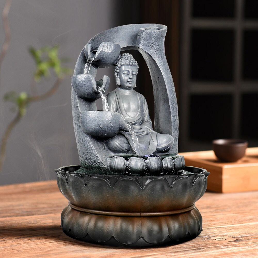 SunJet Sitting Buddha Fountain 11in LED Indoor Table Waterfall Fountain ...