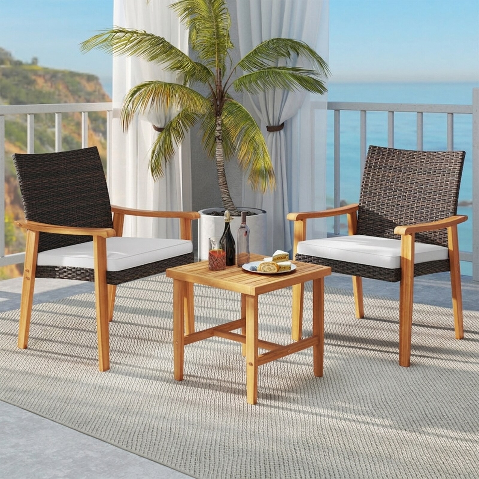 SUGIFT 3-pc PE Wicker Patio Bistro Set with Acacia Wood Frame Chairs ...
