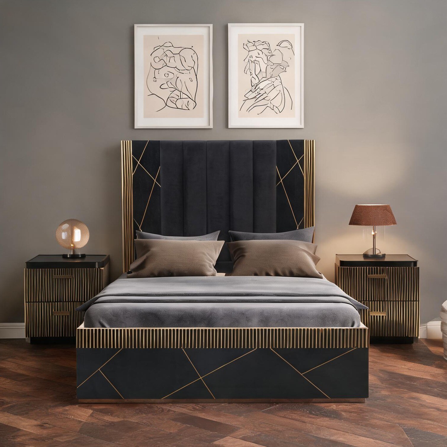 Watnature Queen bed frame with brass metal accents mango wood black ...