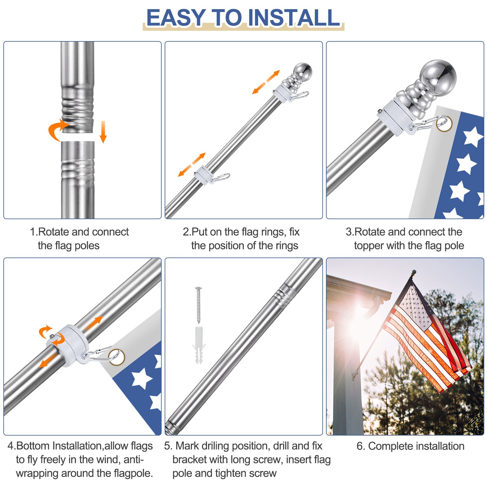 Unique Bargains Flag Pole Kit 5FT Stainless Steel Flagpole Kit with ...