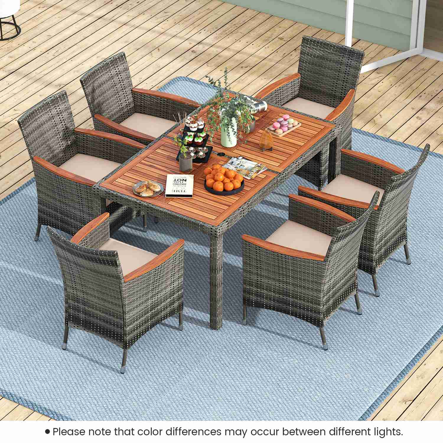 Costway 7 Pieces Outdoor Wicker Dining Set with Acacia Wood Table and 6 ...