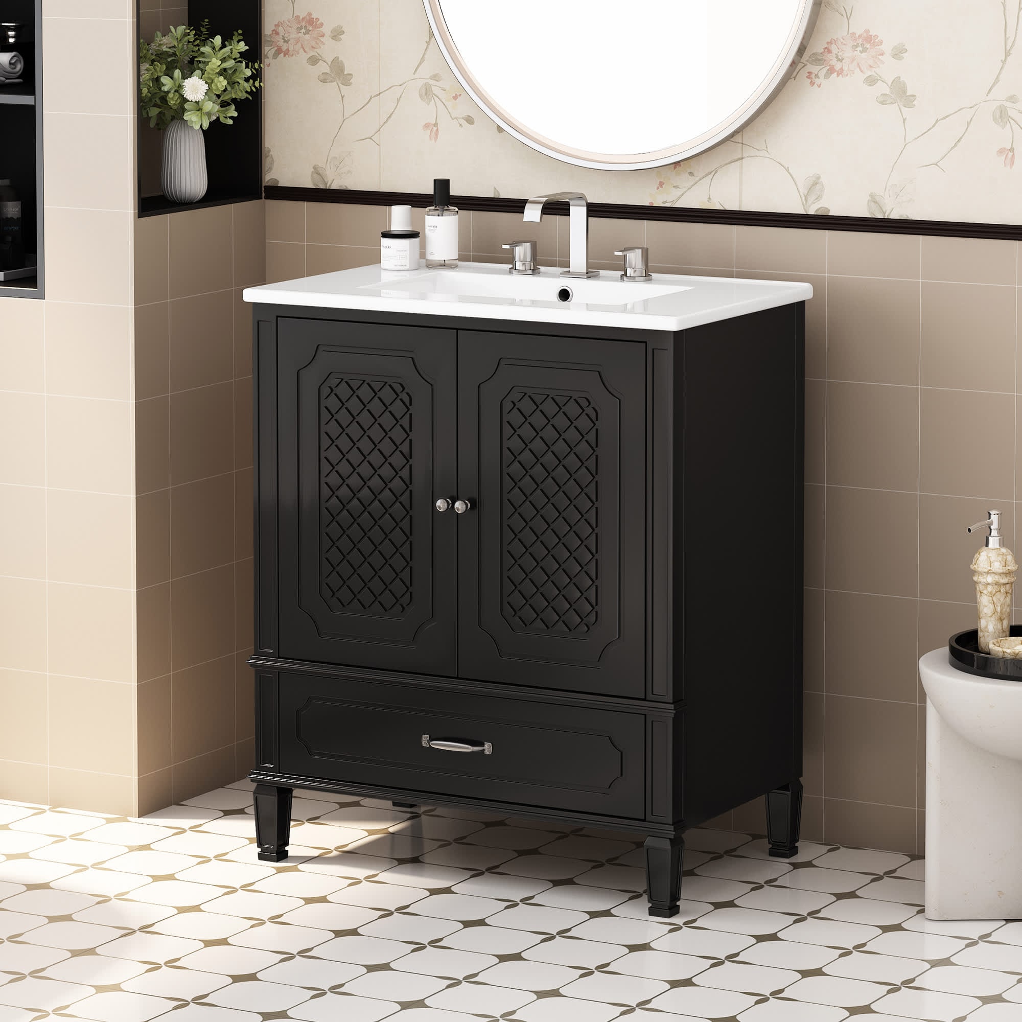 Misty Moon 30 Inch Black Bathroom Vanity with Sink Vintage Style Multi-functional Storage Space ...