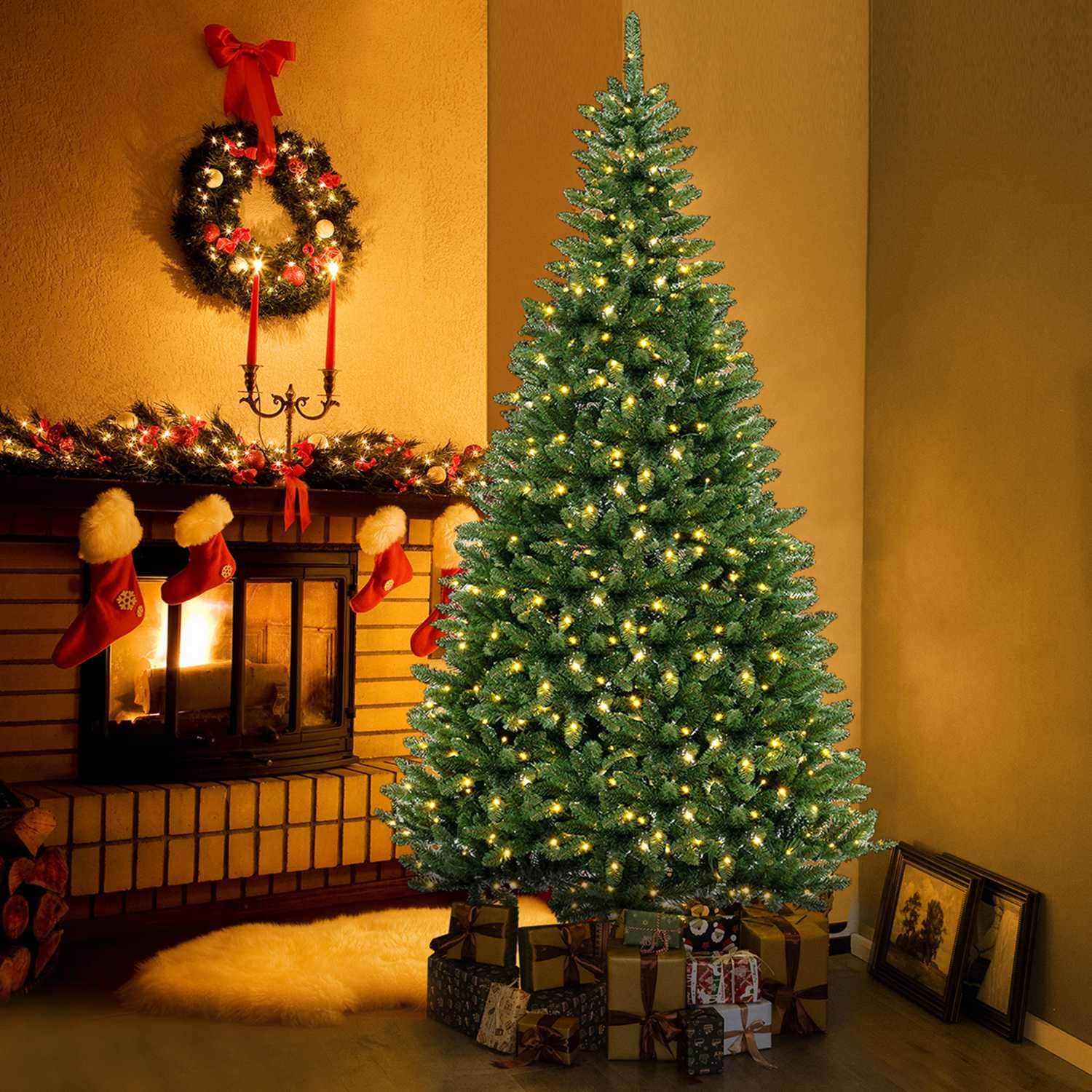 Costway 8 FT Pre-Lit Artificial Christmas Tree with 360 Warm White LED ...
