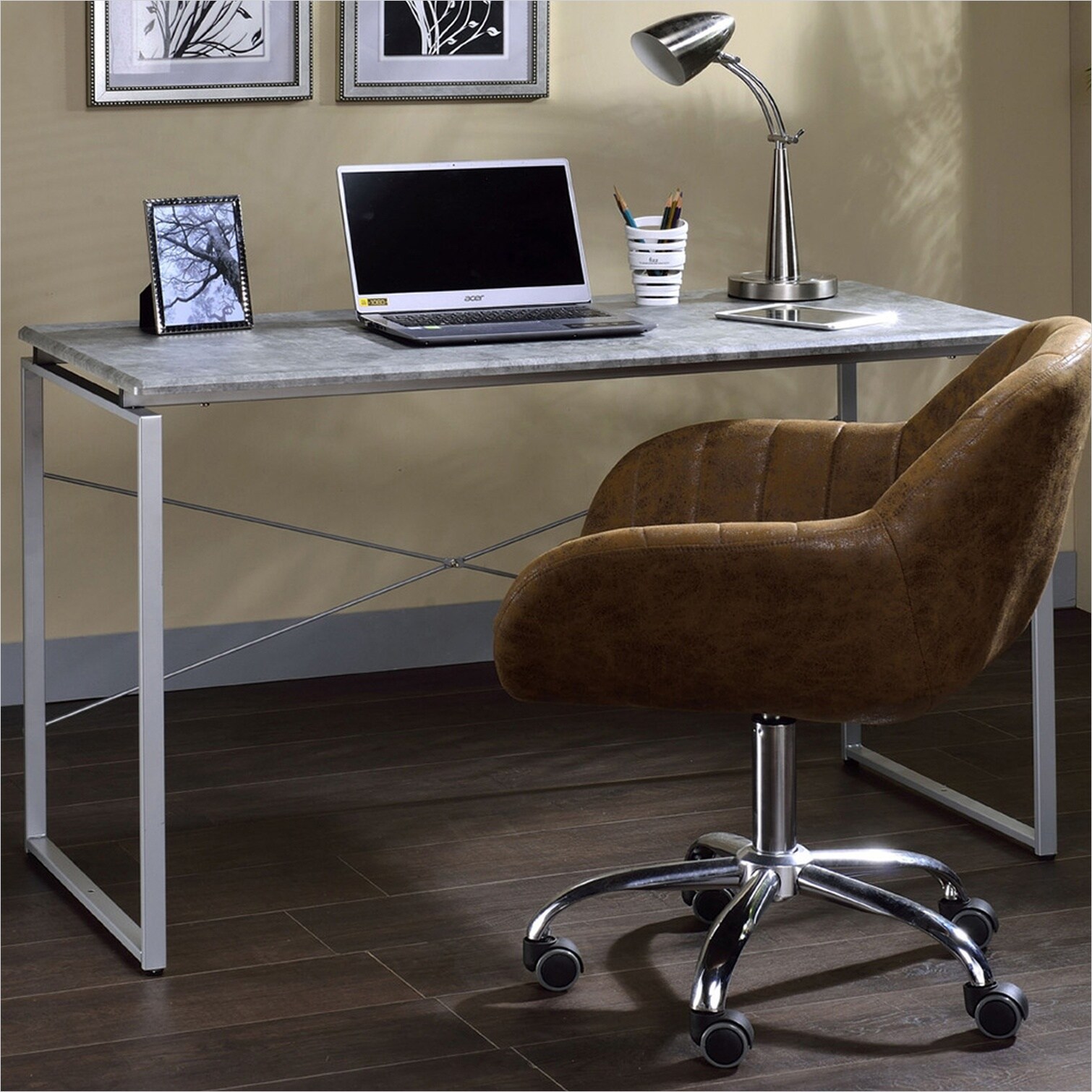 Watnature Faux concrete writing desk with open shelves industrial style ...