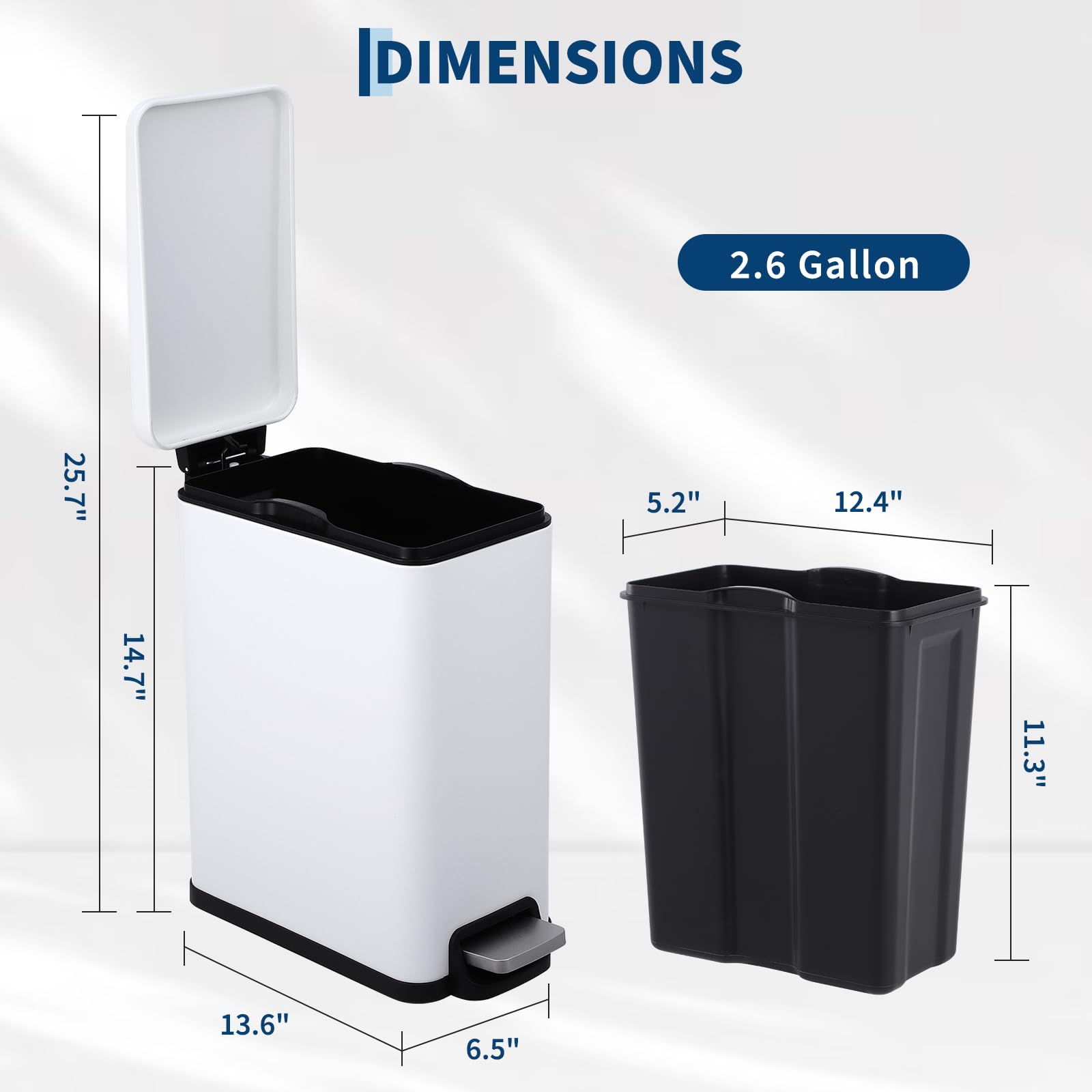 GarveeLife Slim 10L White Stainless Steel Bathroom Trash Can Soft Close ...