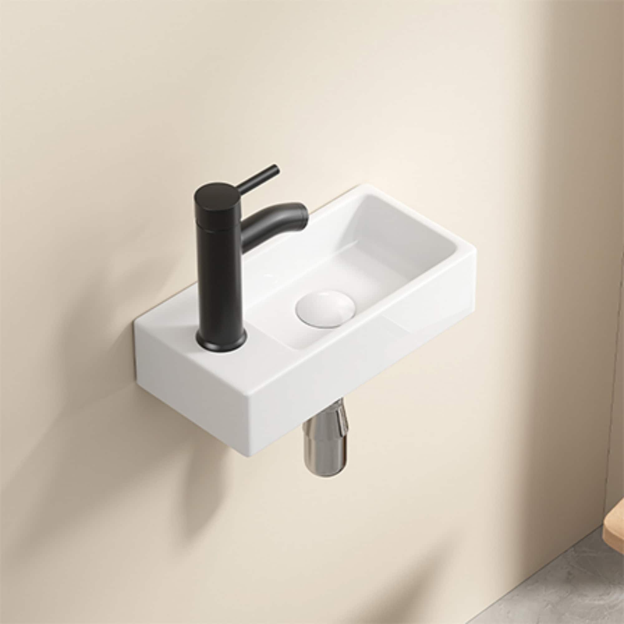 Vanityfus Wall-Mounted Basin Sink Rectangle Ceramic Wash Basin Left ...