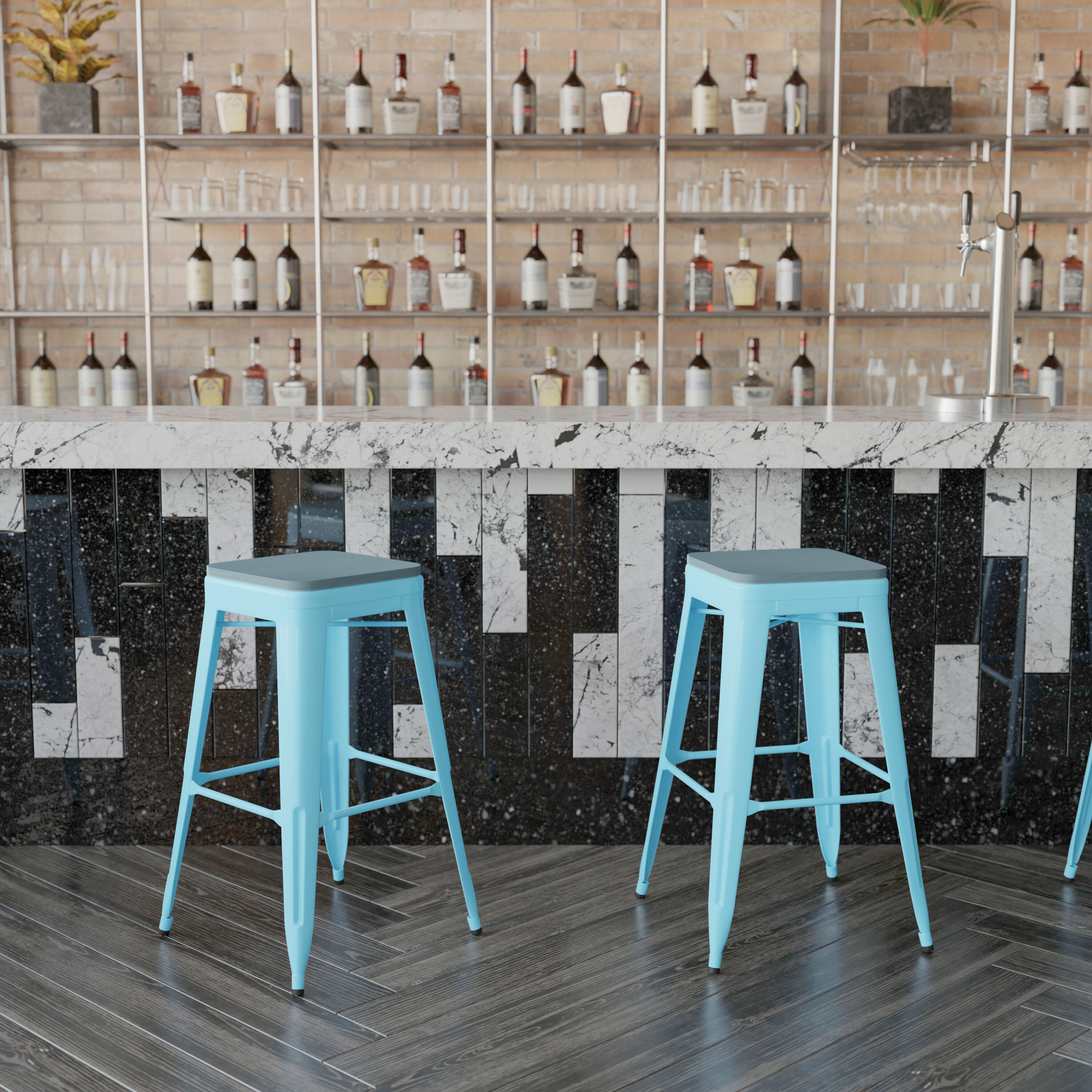 Emma + Oliver Cory Set of Four 30-in High Backless Teal Metal Bar ...