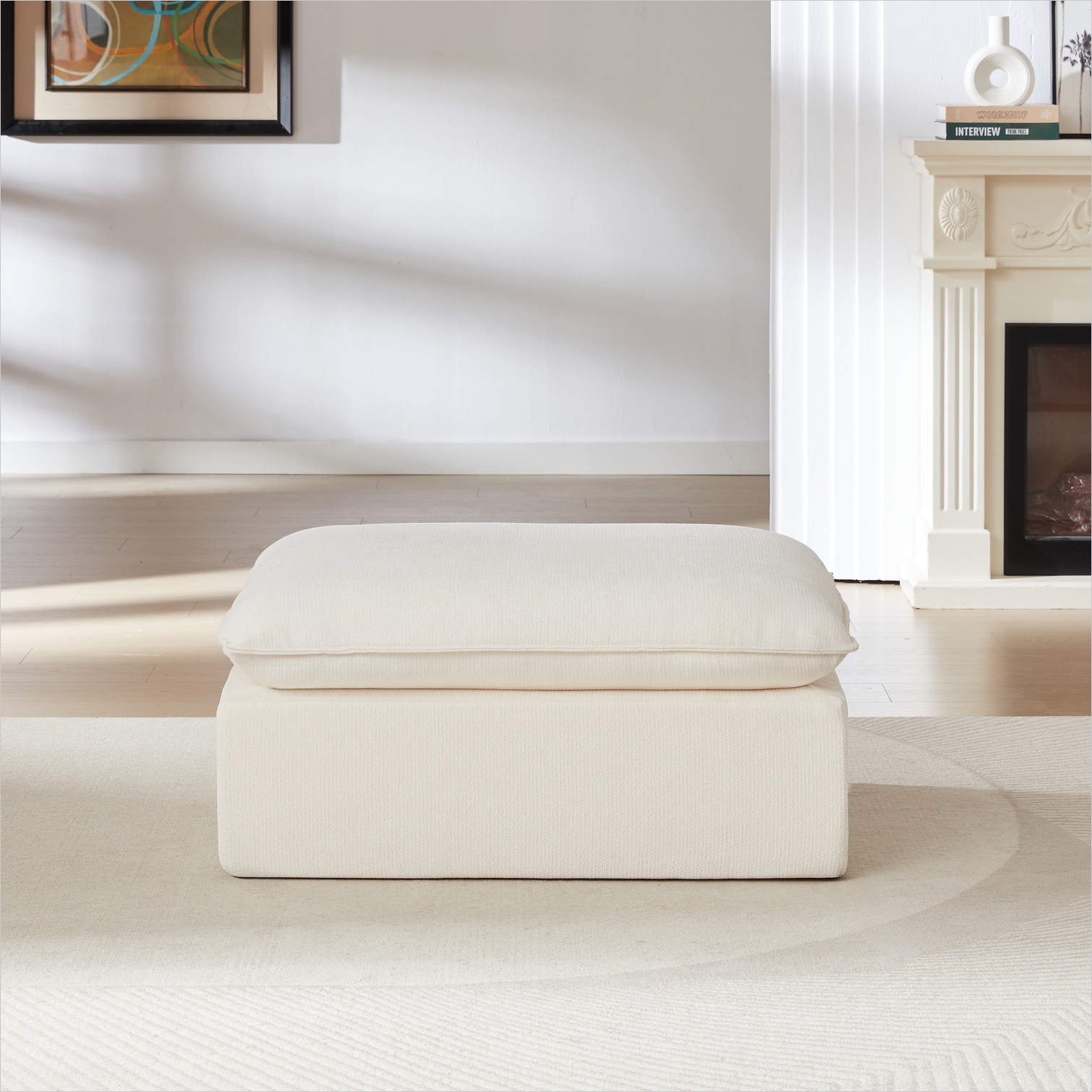 Watnature Rectangular ottoman with soft chenille in white finish foam ...