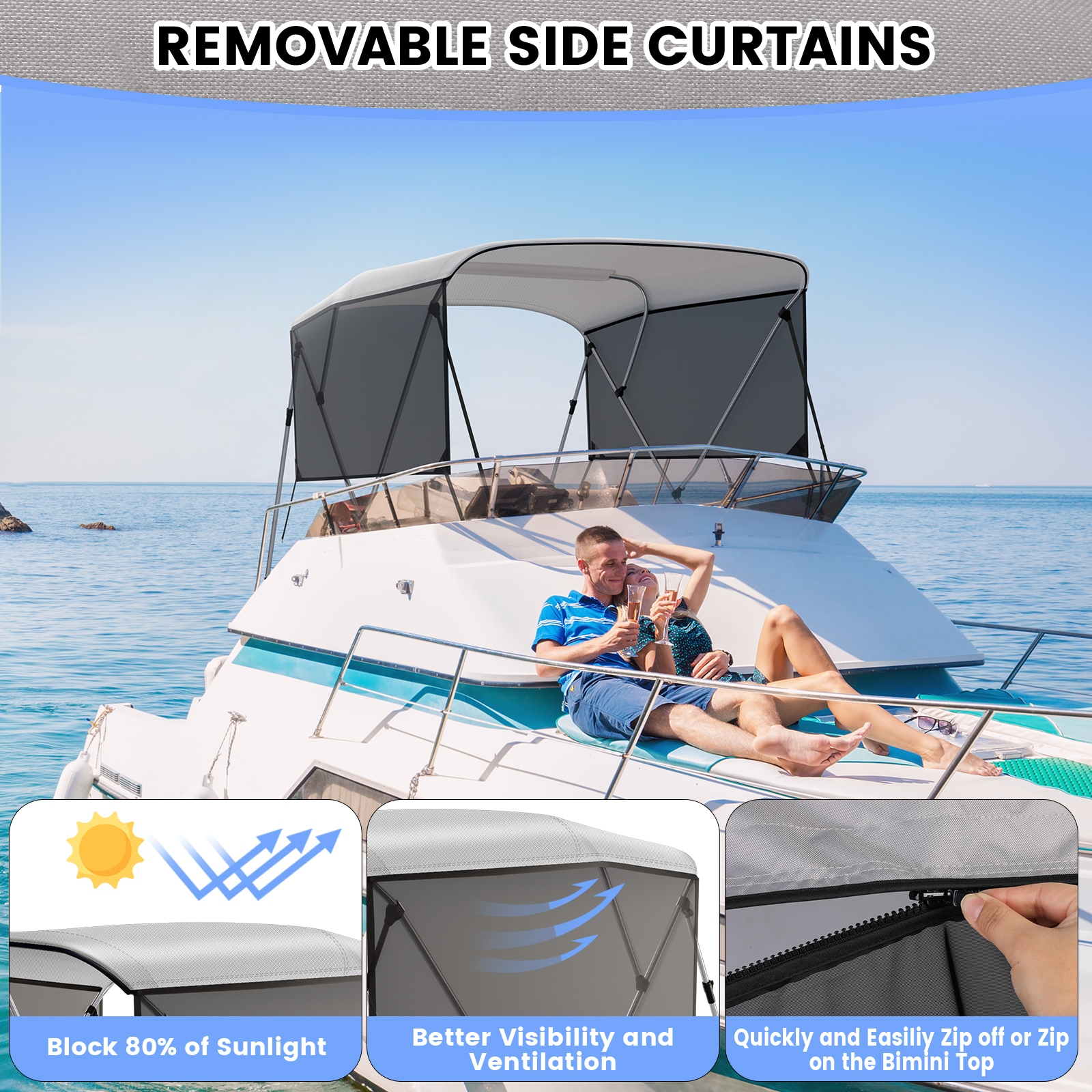 Qeetex 1PC Marine Bimini Top Light Gray with Side Curtains Six Feet ...