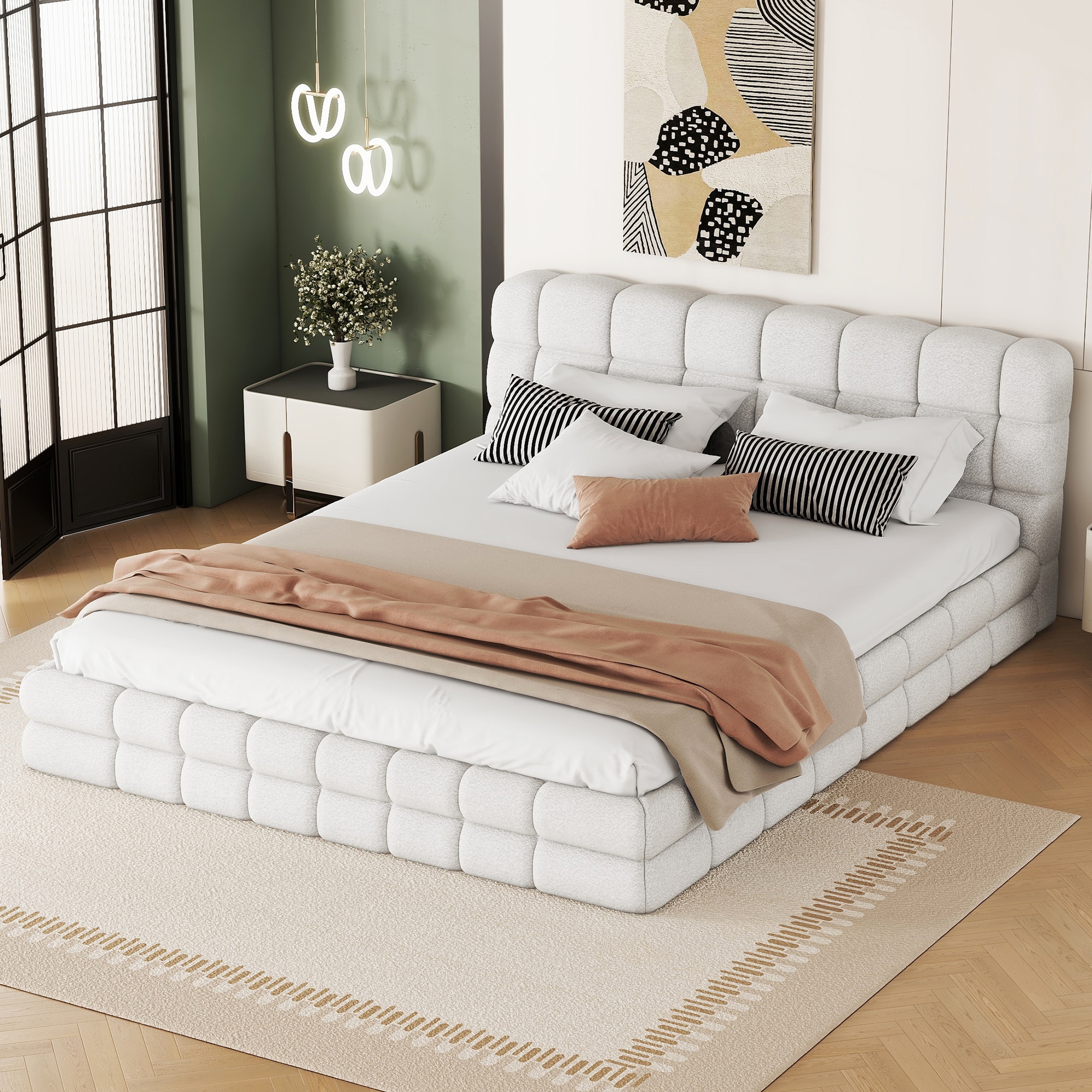 Bybafun Queen White Tufted Bed Frame with Headboard in the Beds ...