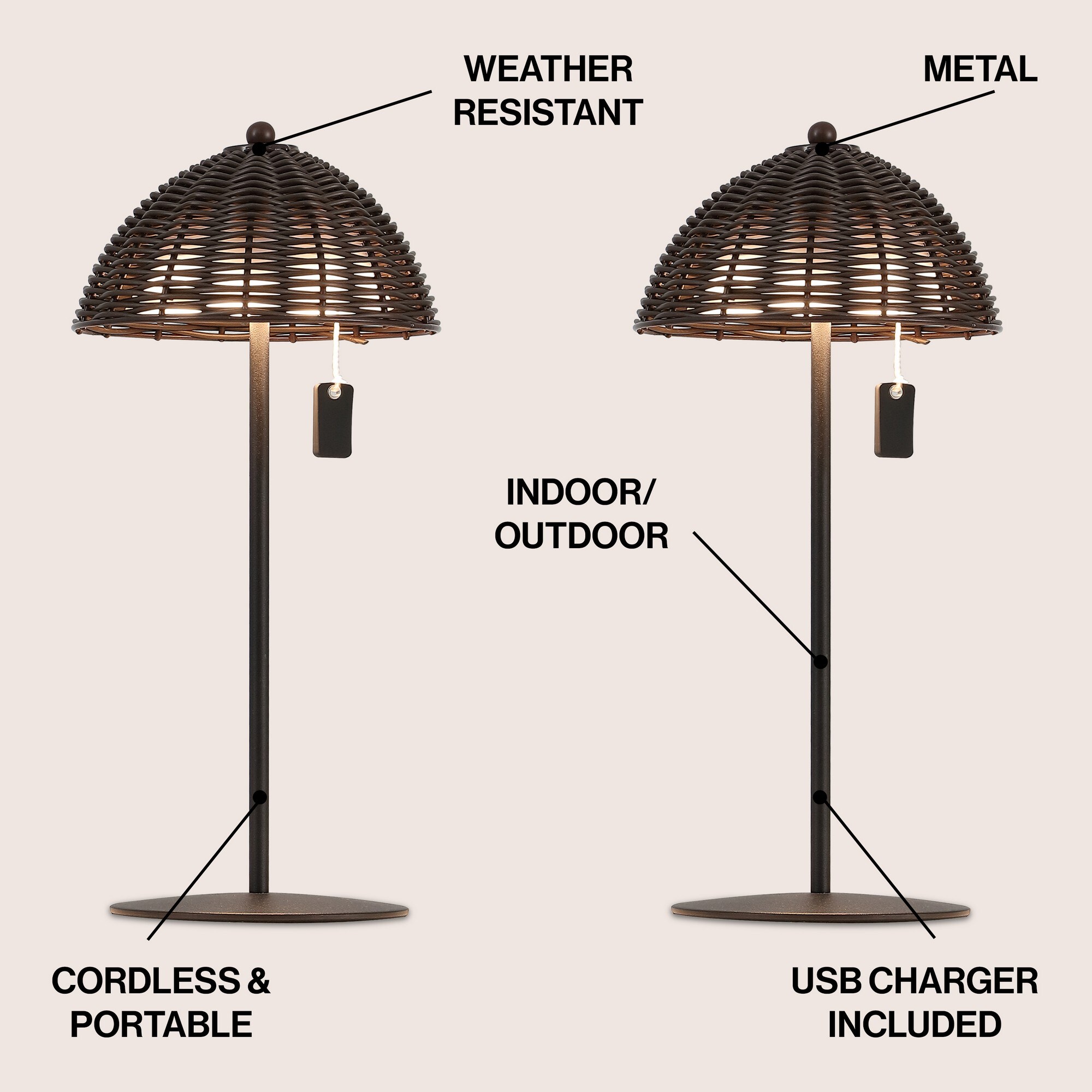 JONATHAN Y Tilly Coastal Wicker Rechargeable 12.75-in Dark Brown/Black ...