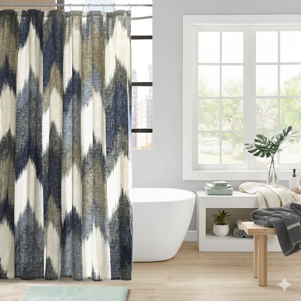 LIVIZA J007 72-in W x 72-in L Navy Blue and Taupe Chevron Mildew ...
