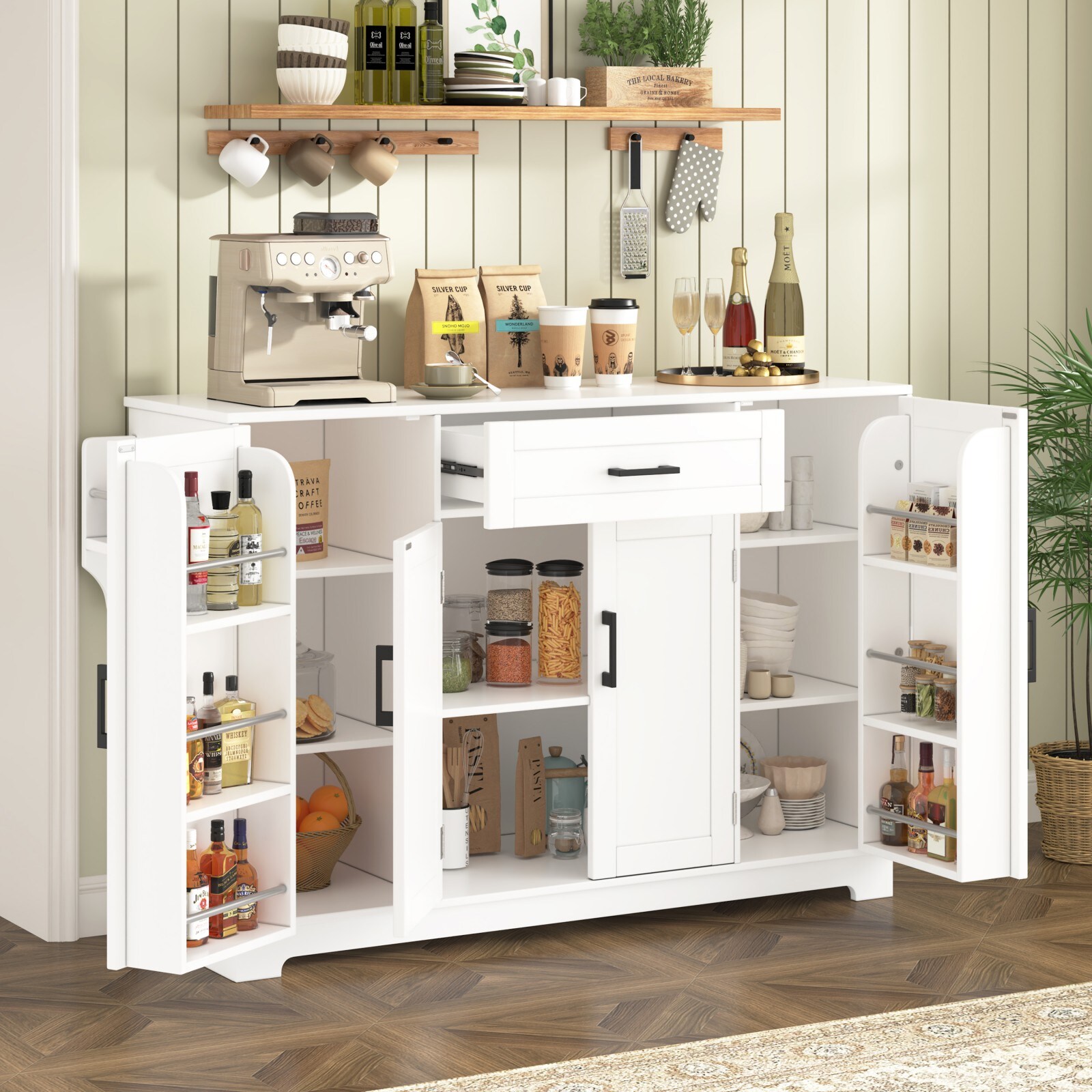 GlasFlength 54.3 Inch Sideboard Buffet Cabinet with 4 Doors 1 Drawer ...