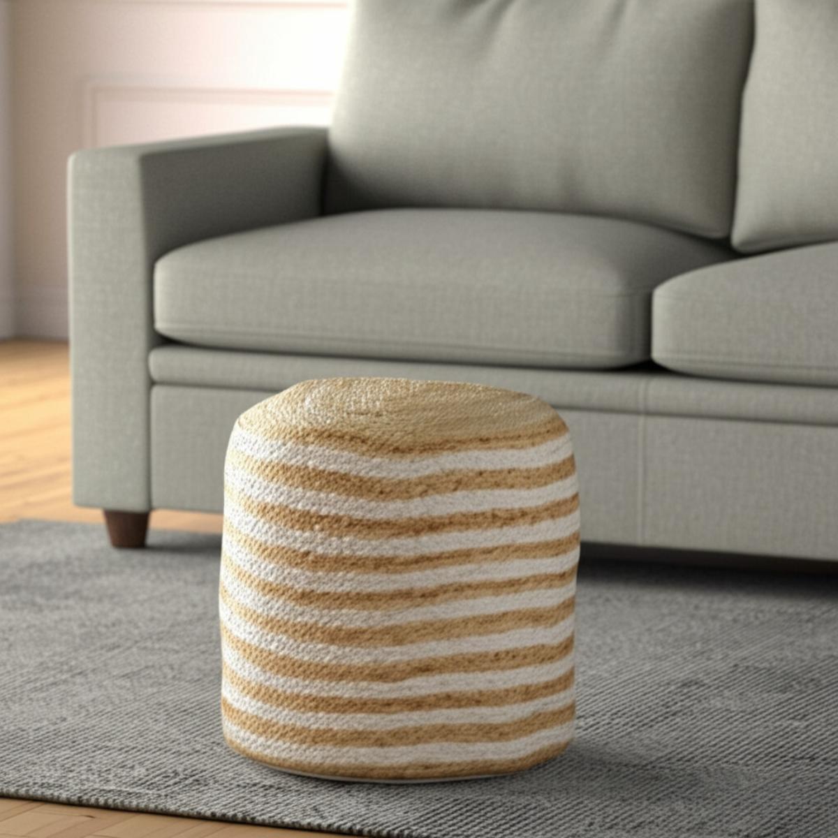 HomeRoots Modern Natural, White Jute Pouf Ottoman in the Ottomans ...