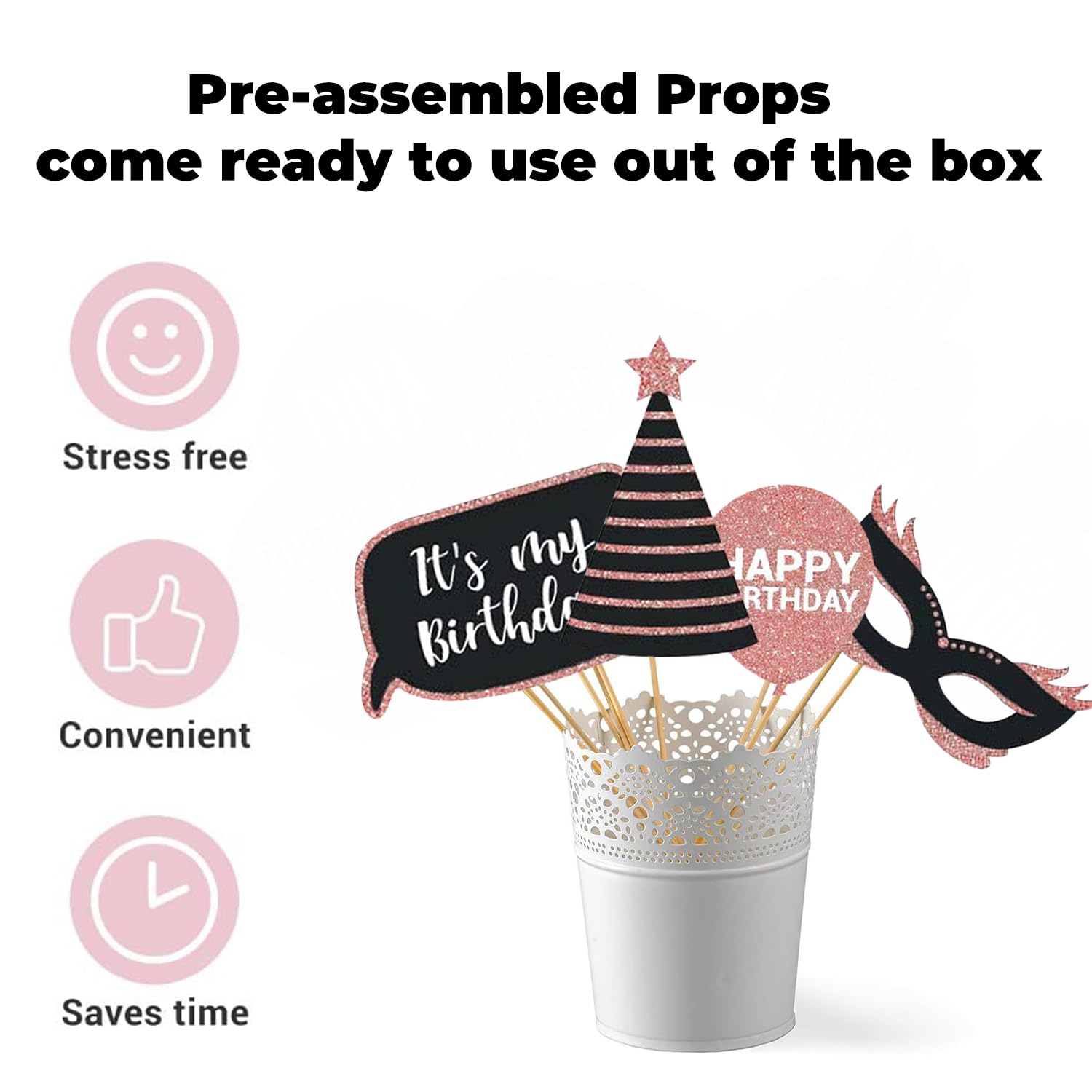 Etokfoks 30 Piece Rose Gold Birthday Photo Booth Props Set Real Glitter ...