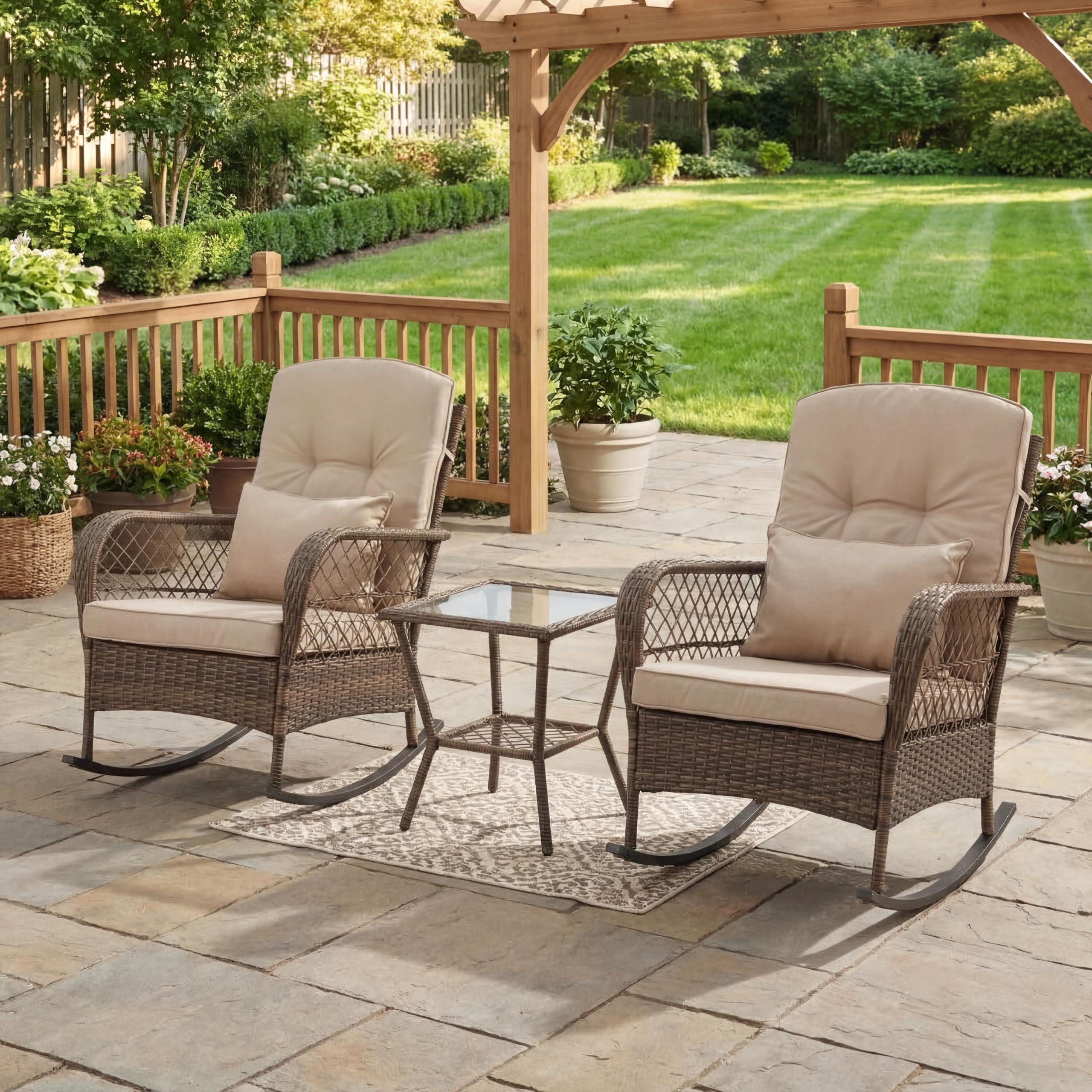 IdealHouse Light Brown Beige Weather Resistant Rattan Rocking Chair Set ...