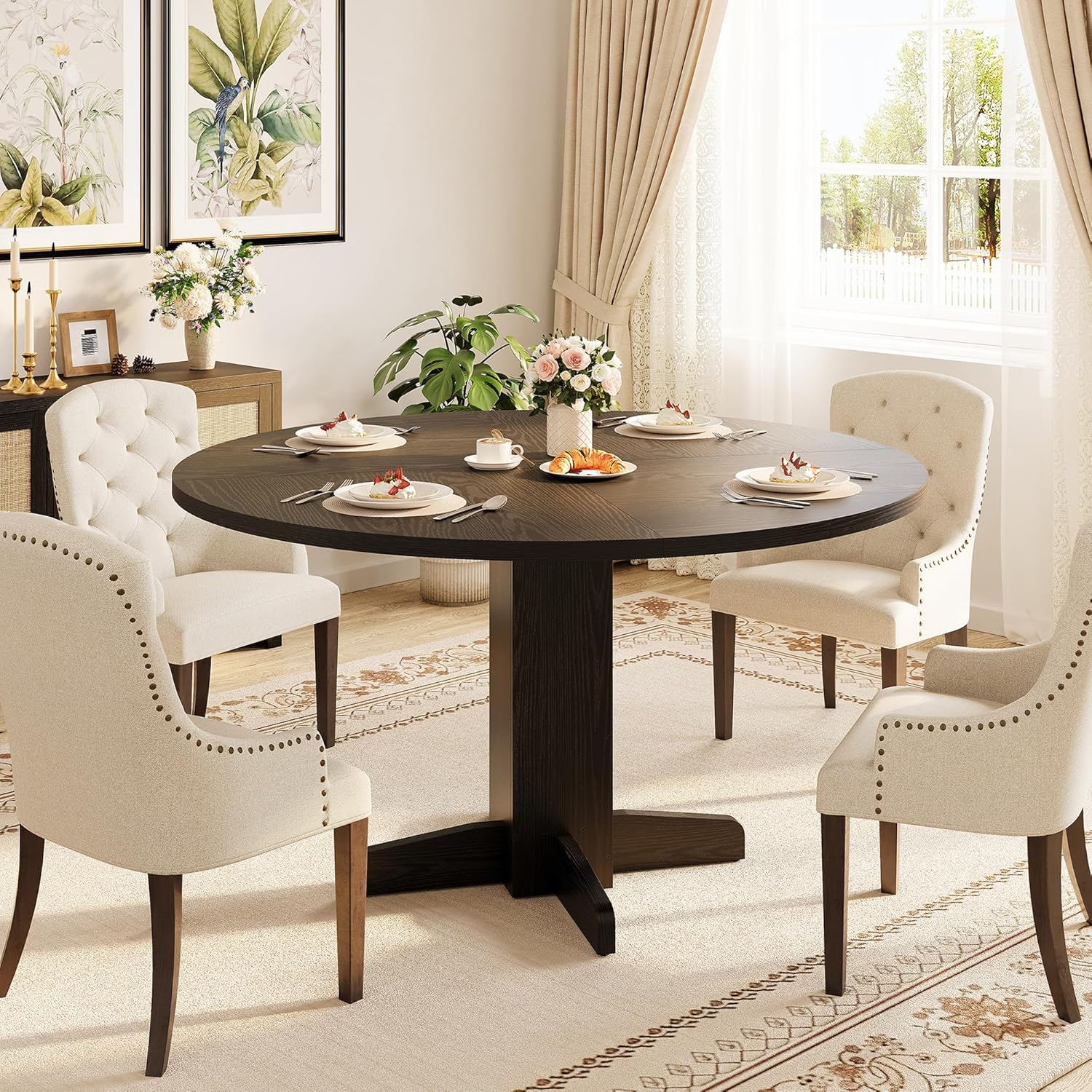 Garvee Black Farmhouse Round Dining Table 47 Inch with Sturdy Pedestal ...