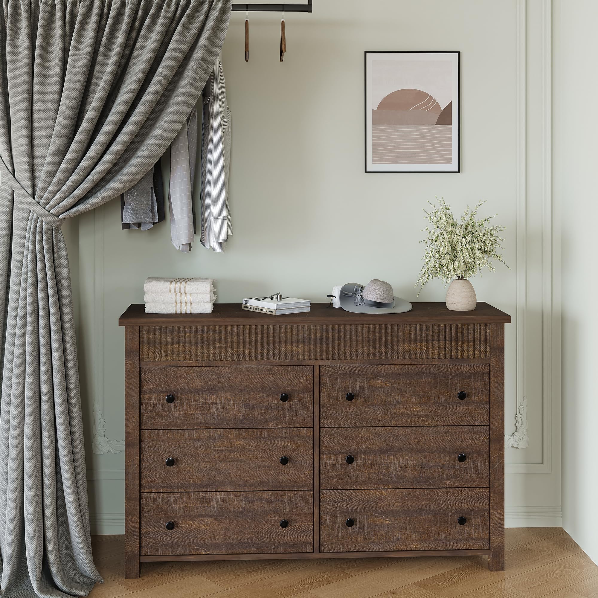 Garvee Fluted 6 Drawer Wooden Dresser Nightstand Storage Chest Bedroom ...