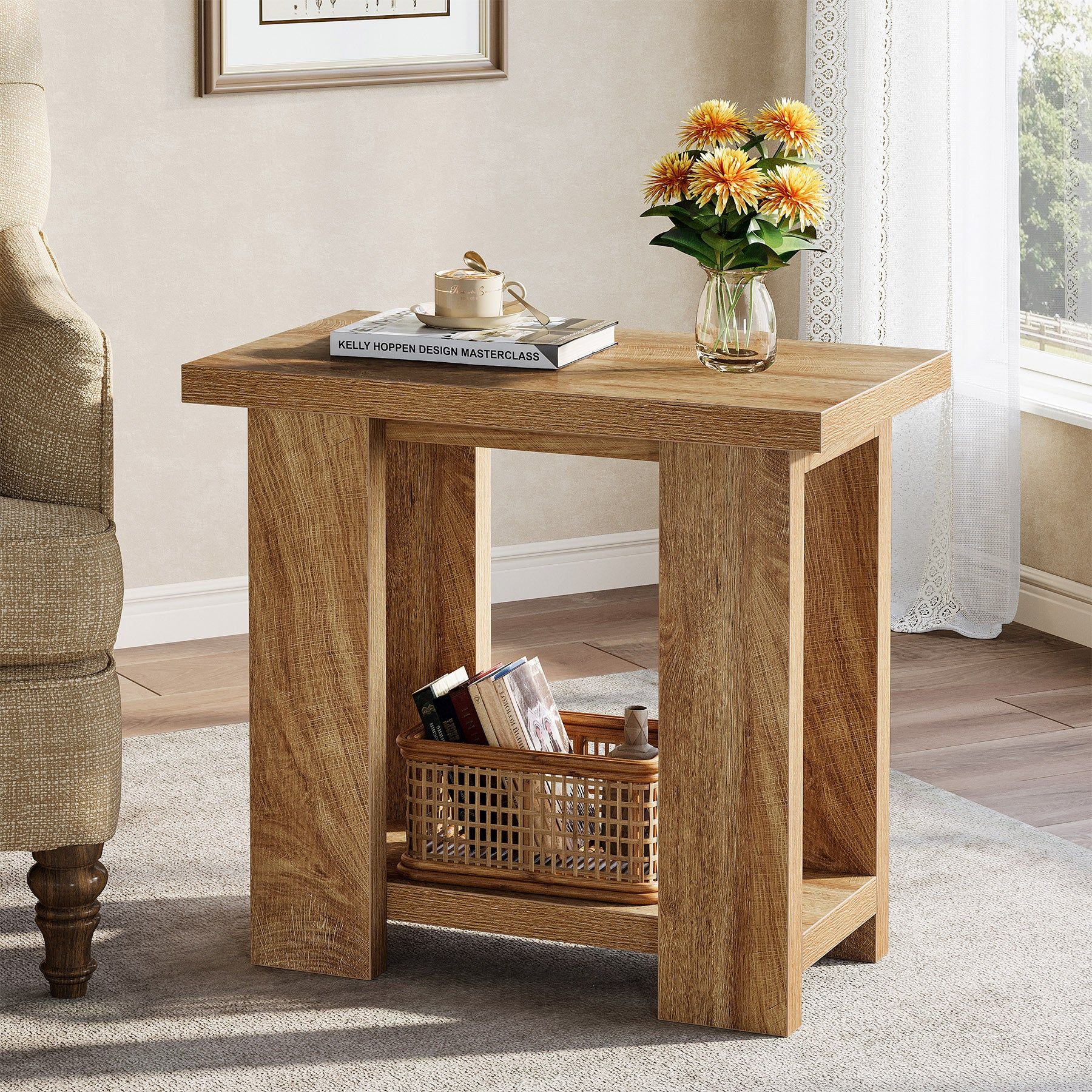 Slickblue Farmhouse Light Brown Wooden Rectangular End Table with Open ...