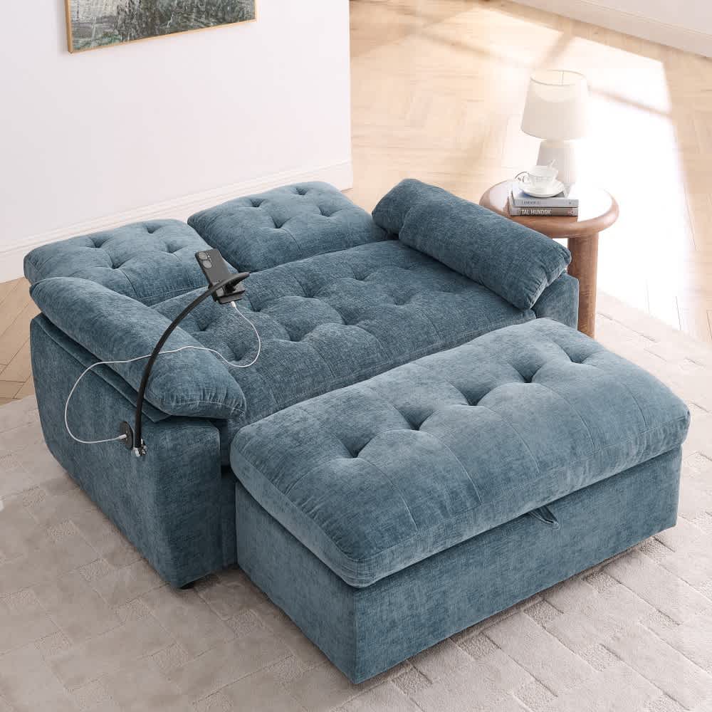 Coolbibila Manual Reclining 56 in Blue Chenille Loveseat With Storage ...
