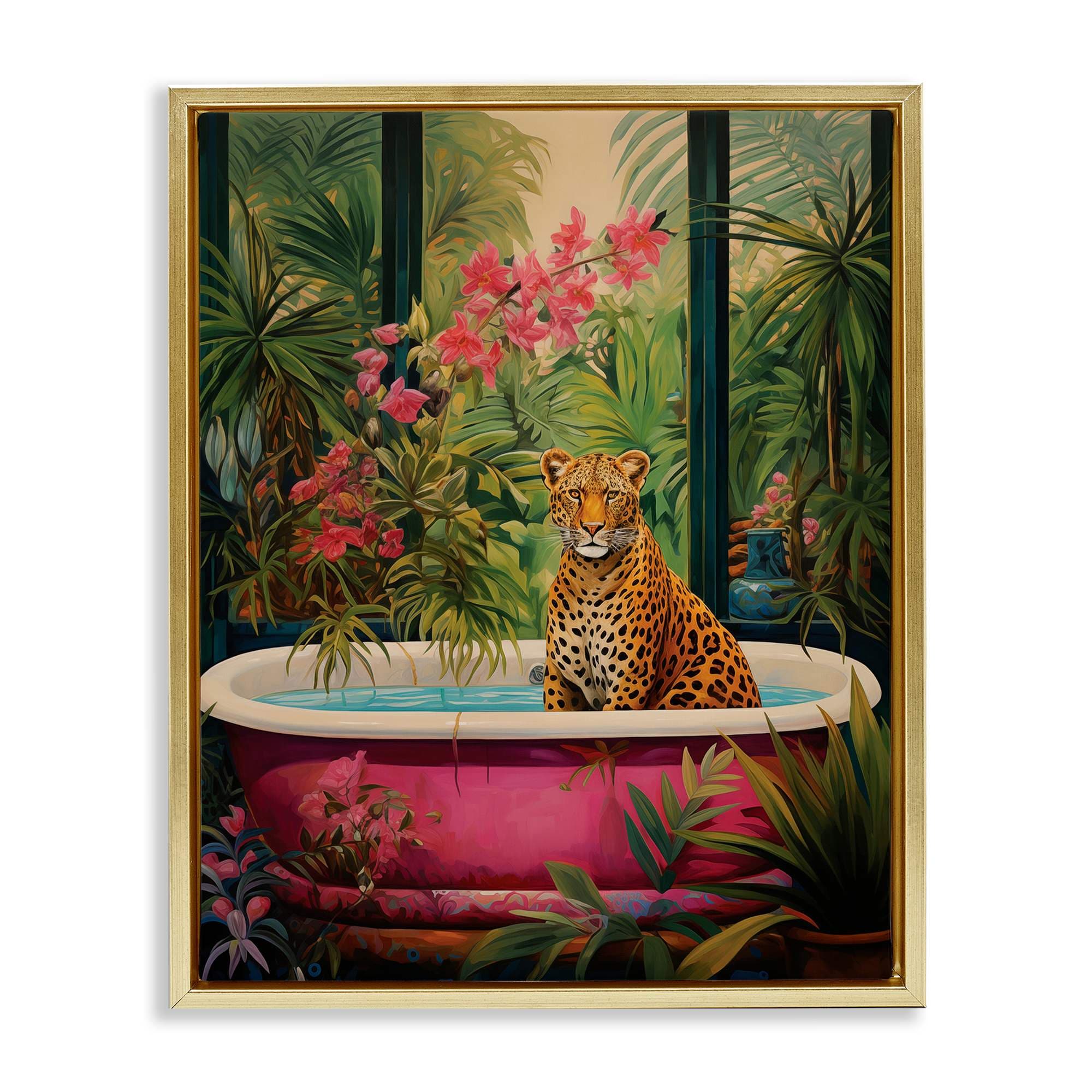 Stupell Industries Leopard in Lush Tropical Bath Gold Framed Floater ...