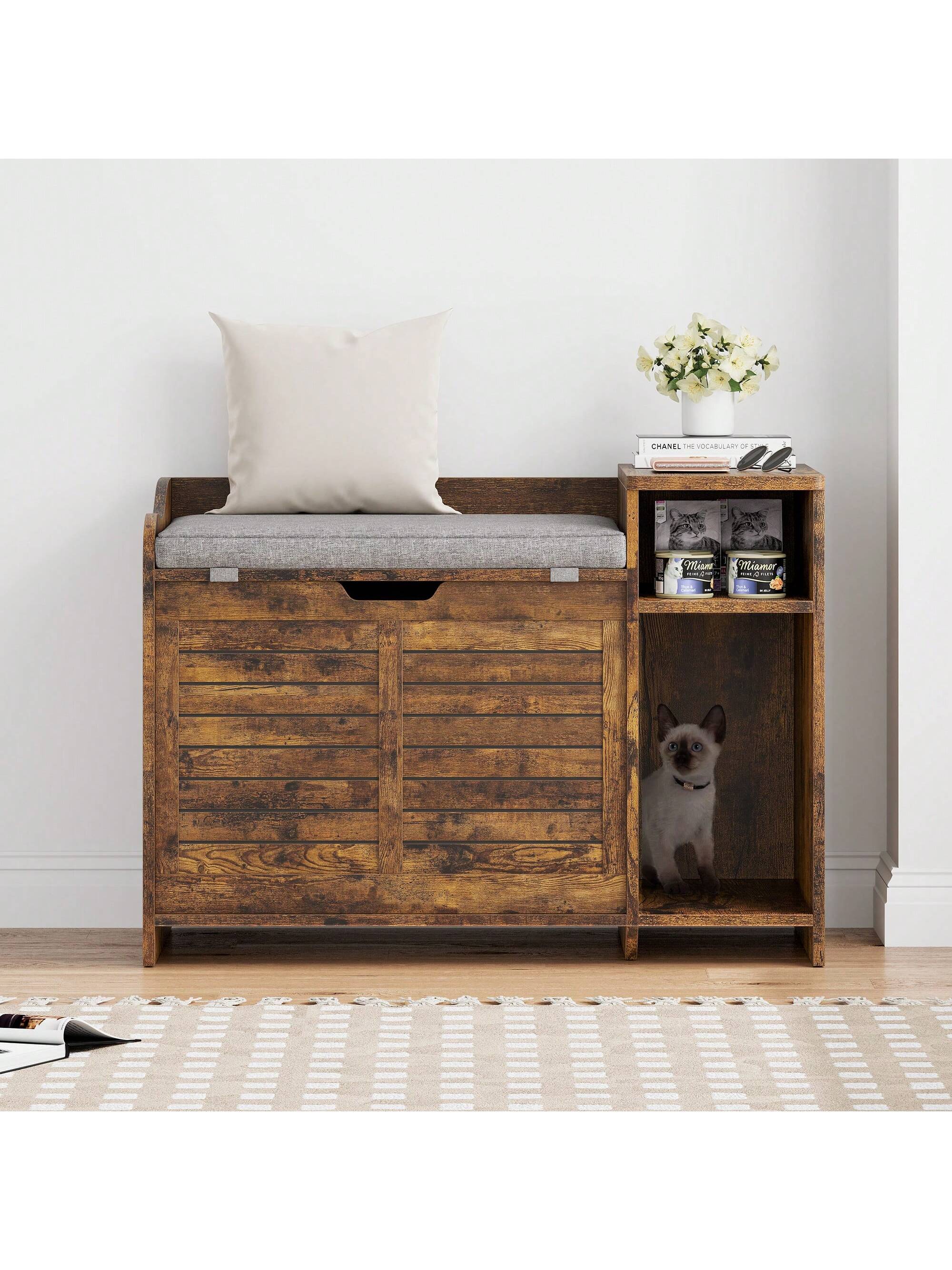 Qeetex Litter Box Enclosure With Top Opening And Cushion. Hidden Cat ...