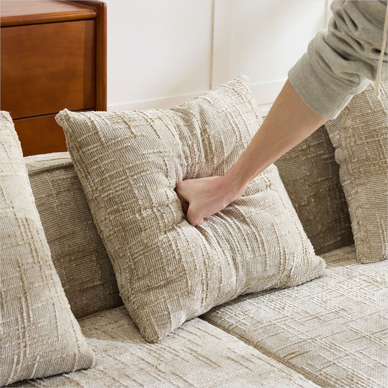 SUNCREAT Chenille L-Shape Sofa with Foam and Spring Support Warm Beige ...