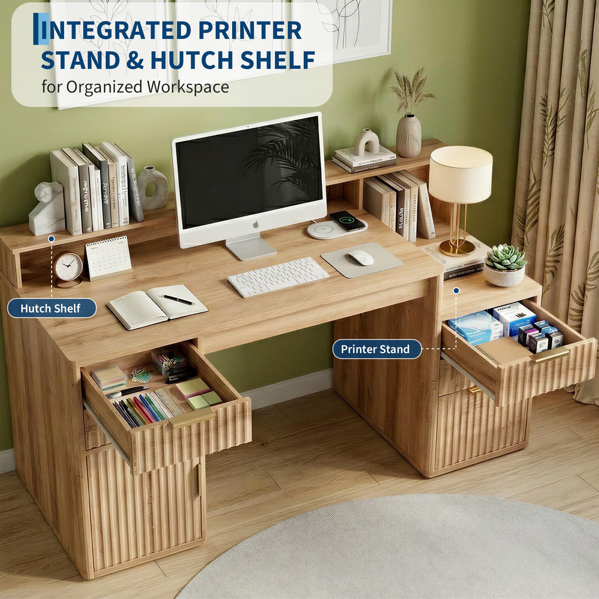 Garvee Rectangular Computer Desk with Hutch Printer Stand Ripple Door ...