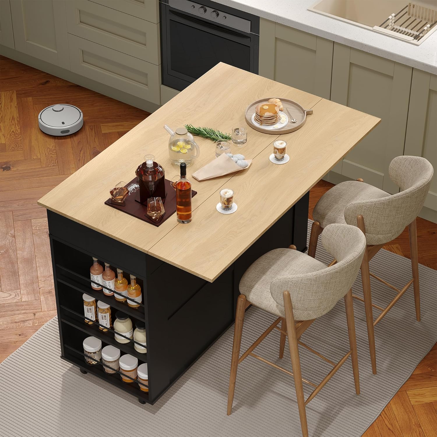 Qeetex Rolling Kitchen Island Cart with Power Outlet and Drop Leaf ...