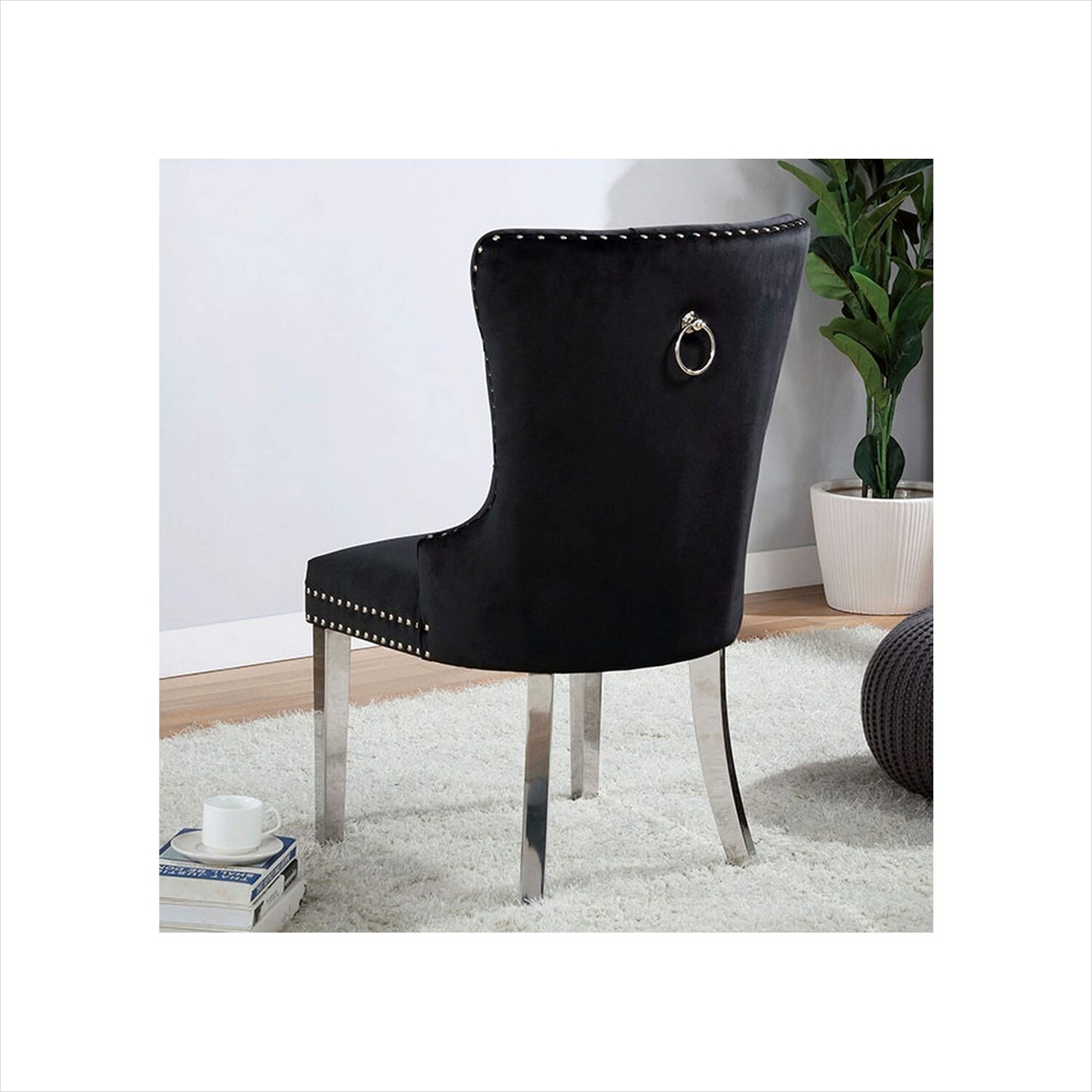 Watnature Set of 2 Wingback Dining Chairs Classic Black Flannelette ...