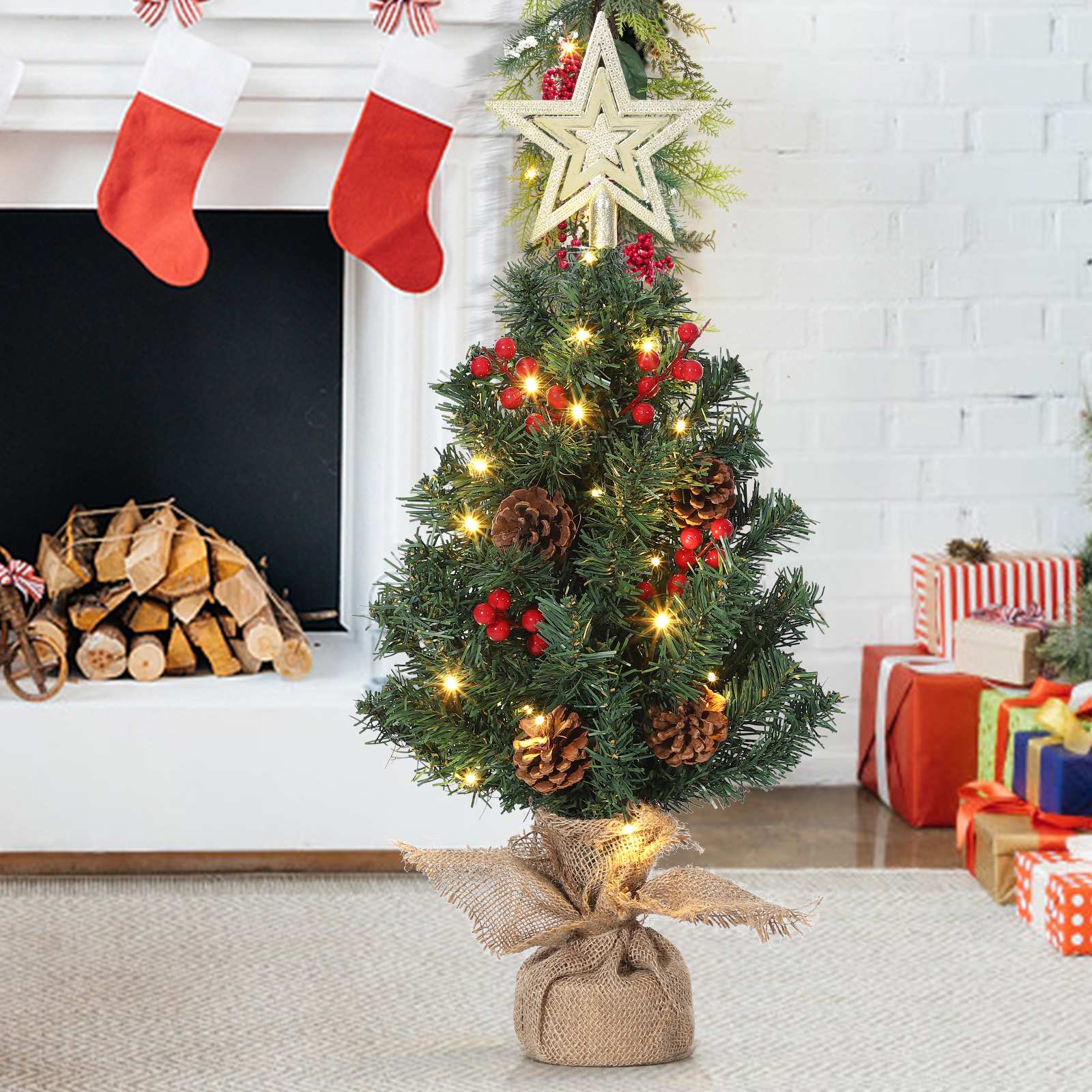 Qeetex 24 Inch Small Christmas Tree with Top Star and Lights Tabletop ...