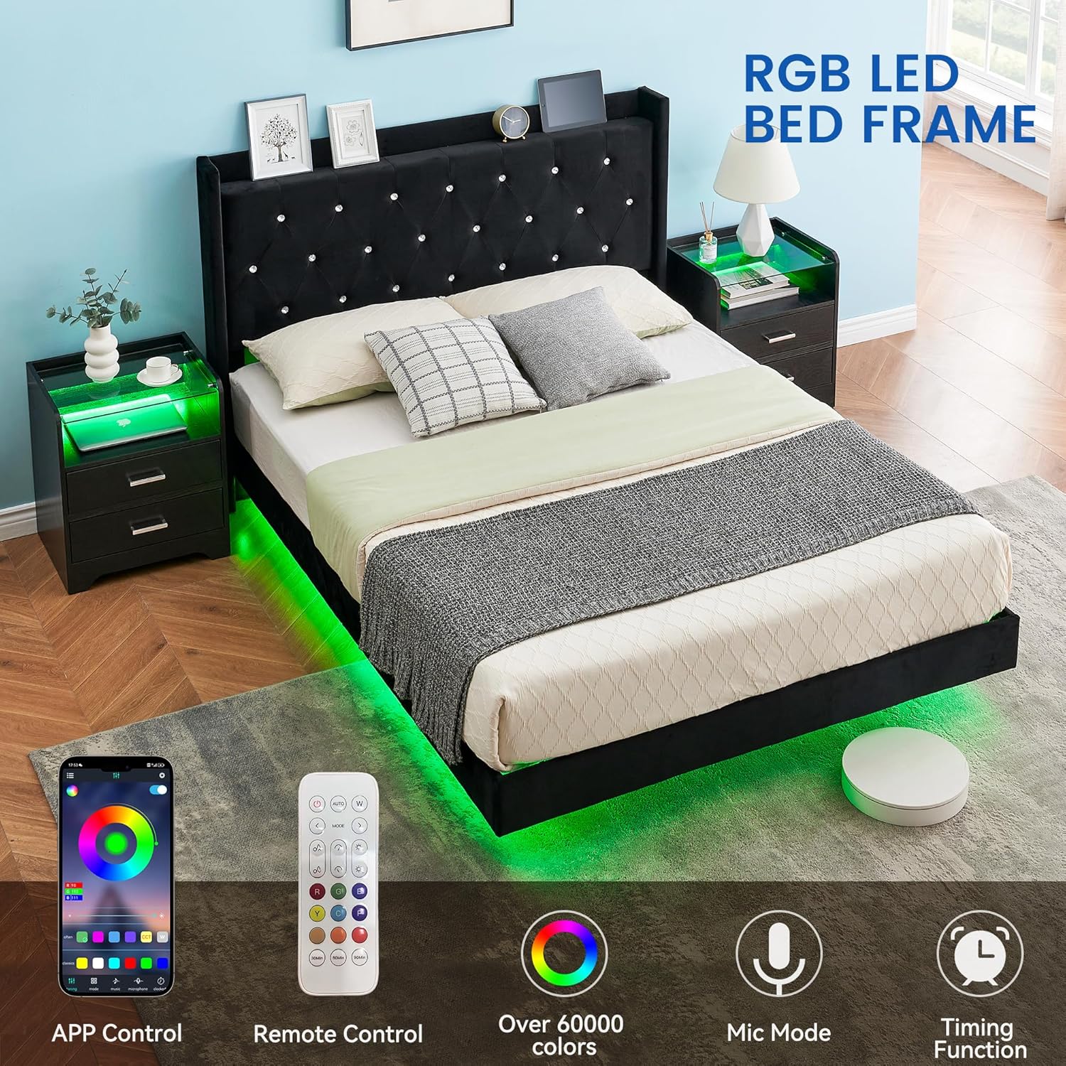 Garvee Queen Size Bed Frame with Headboard and LED Lights Black ...