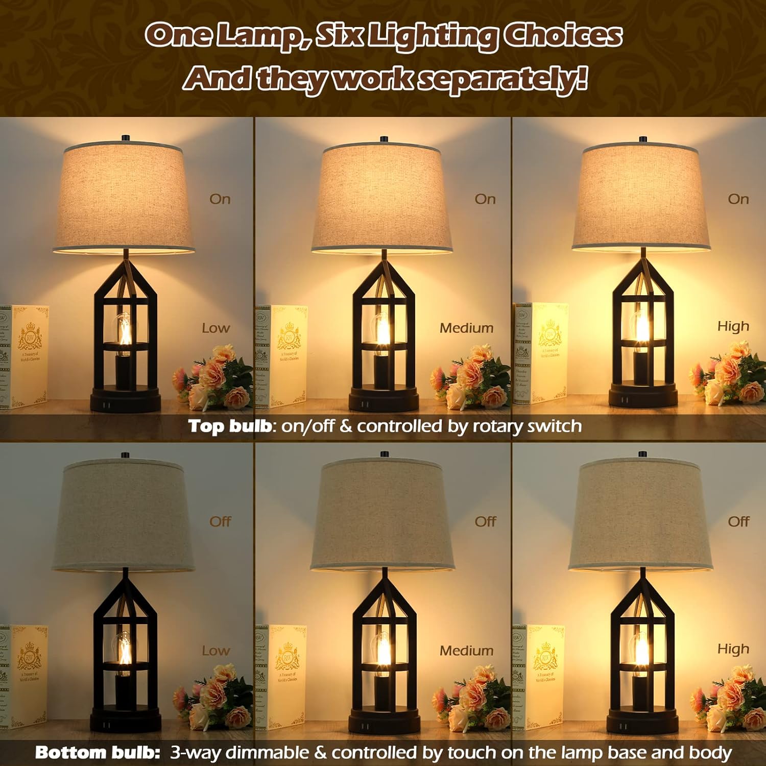 Nordic Hygge Set of 2 Farmhouse Table Lamps with Dual USB Ports 3 Way ...