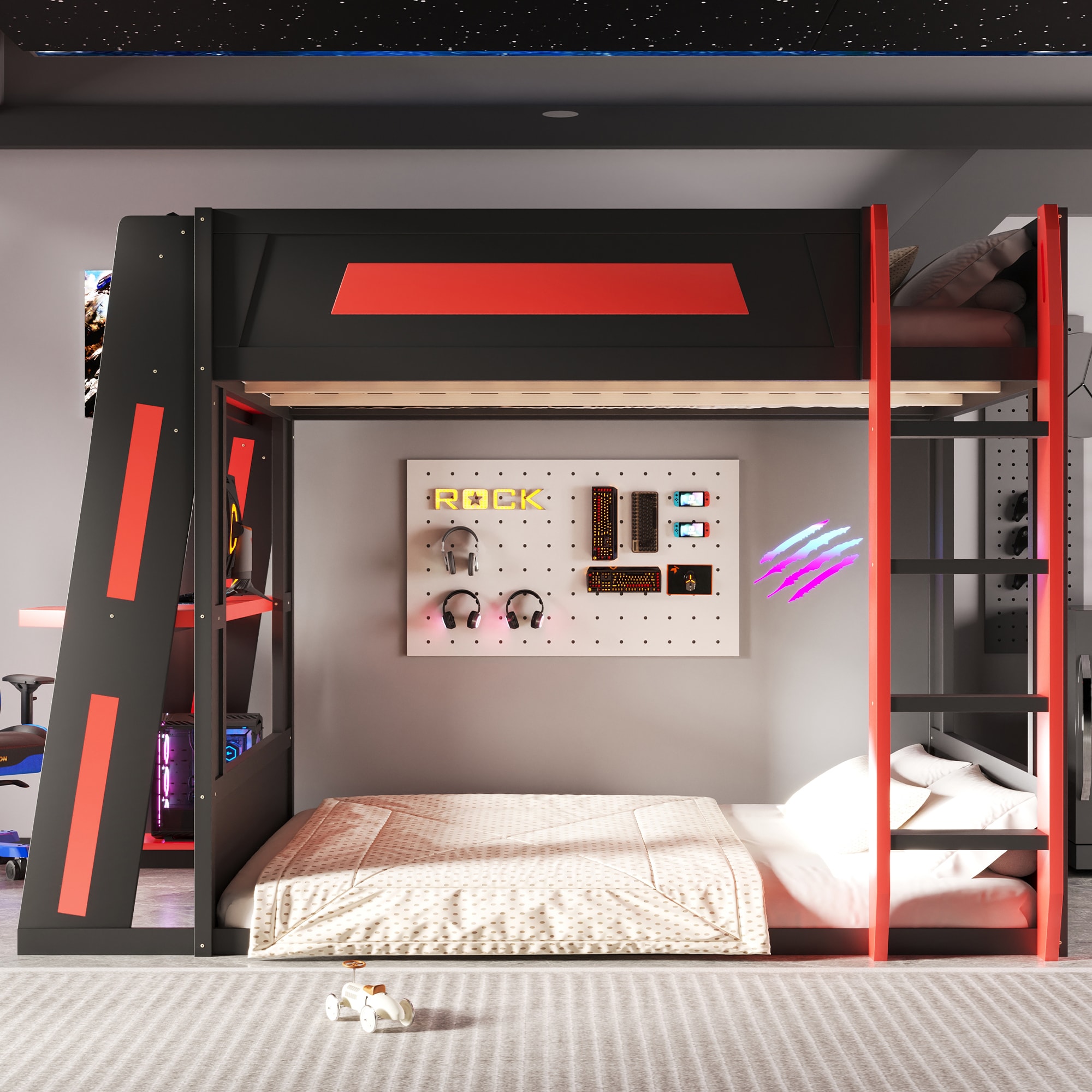 GDFStudio Queen Size Wooden Gaming Bunk Bed in Black Red Bunk Bed with ...