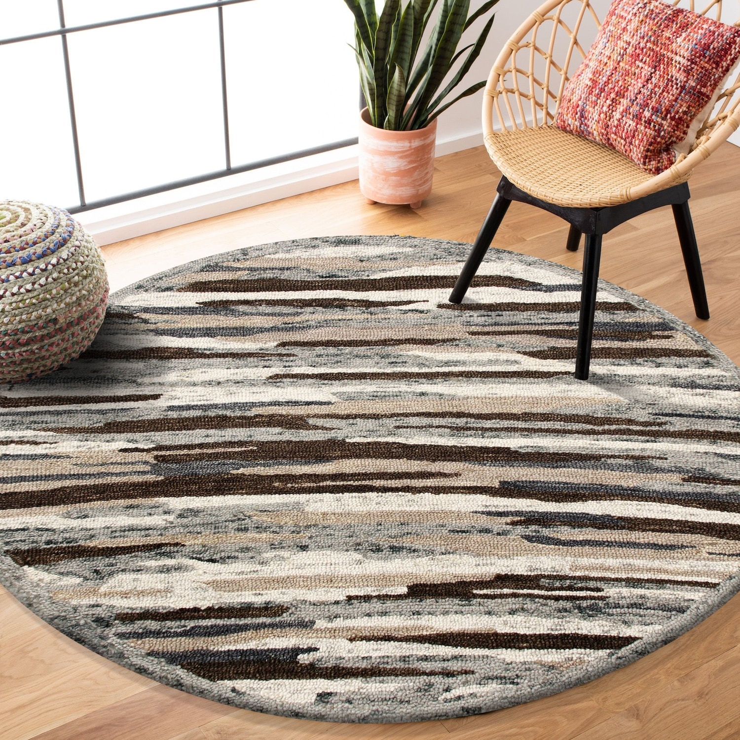 LR Home 6 X 6 (ft) Wool Gray/Brown/Tan Round Indoor Abstract Rustic ...