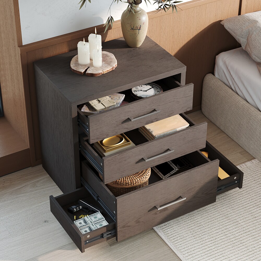 Homsee Wood Grain 3-Drawer Nightstand with Hidden Drawer and Silver ...